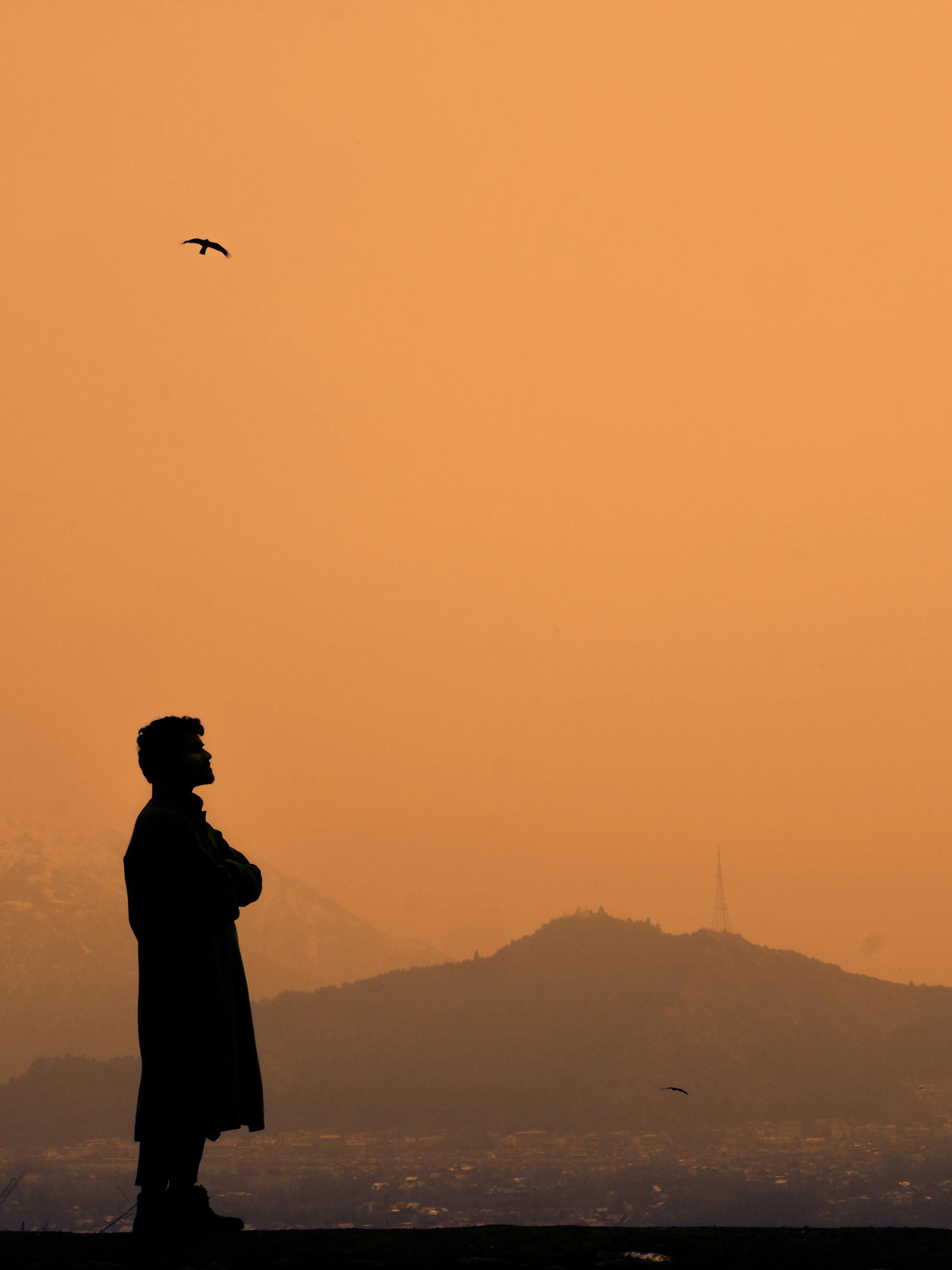 Silhouette of Man Standing Alone at Sunset · Free Stock Photo