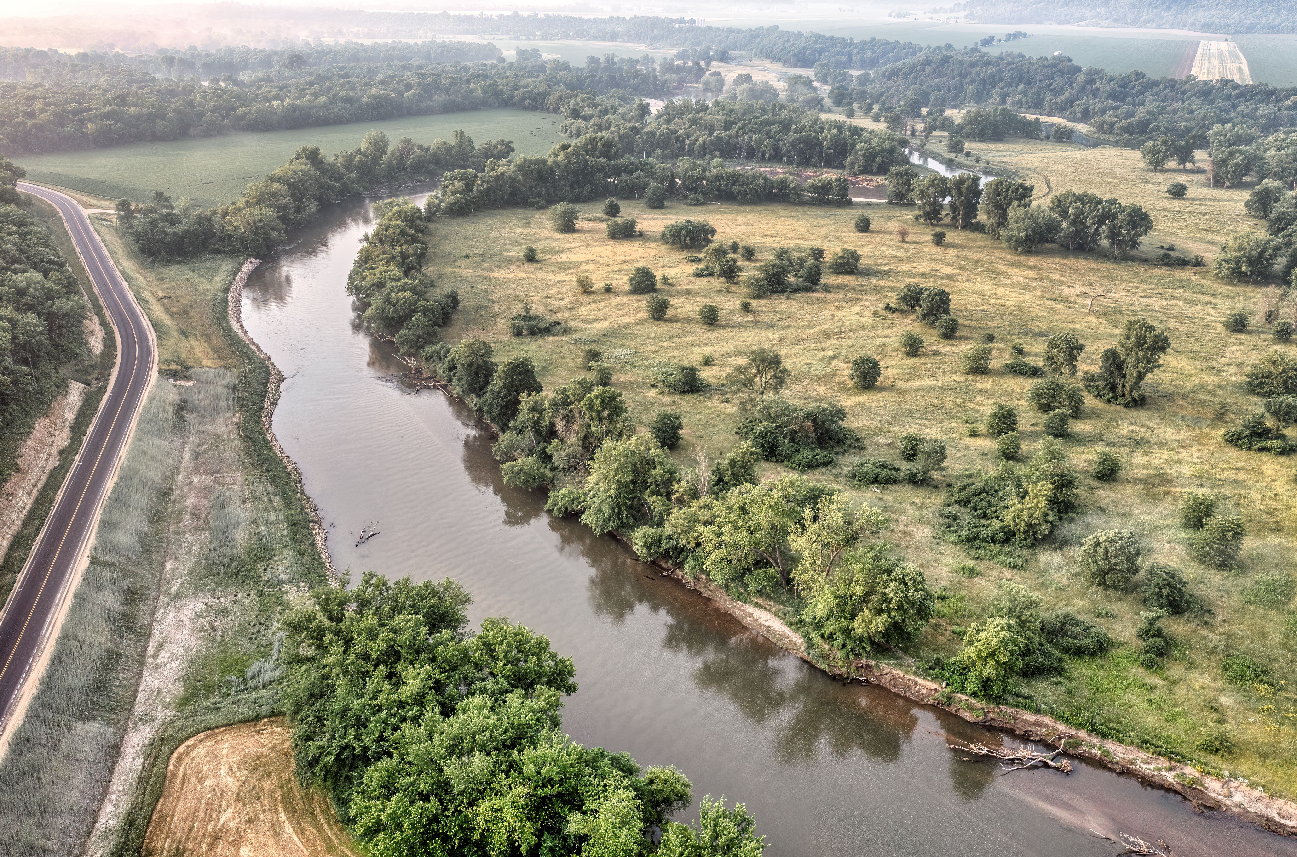 Aerial View of a River and Field with Trees · Free Stock Photo
