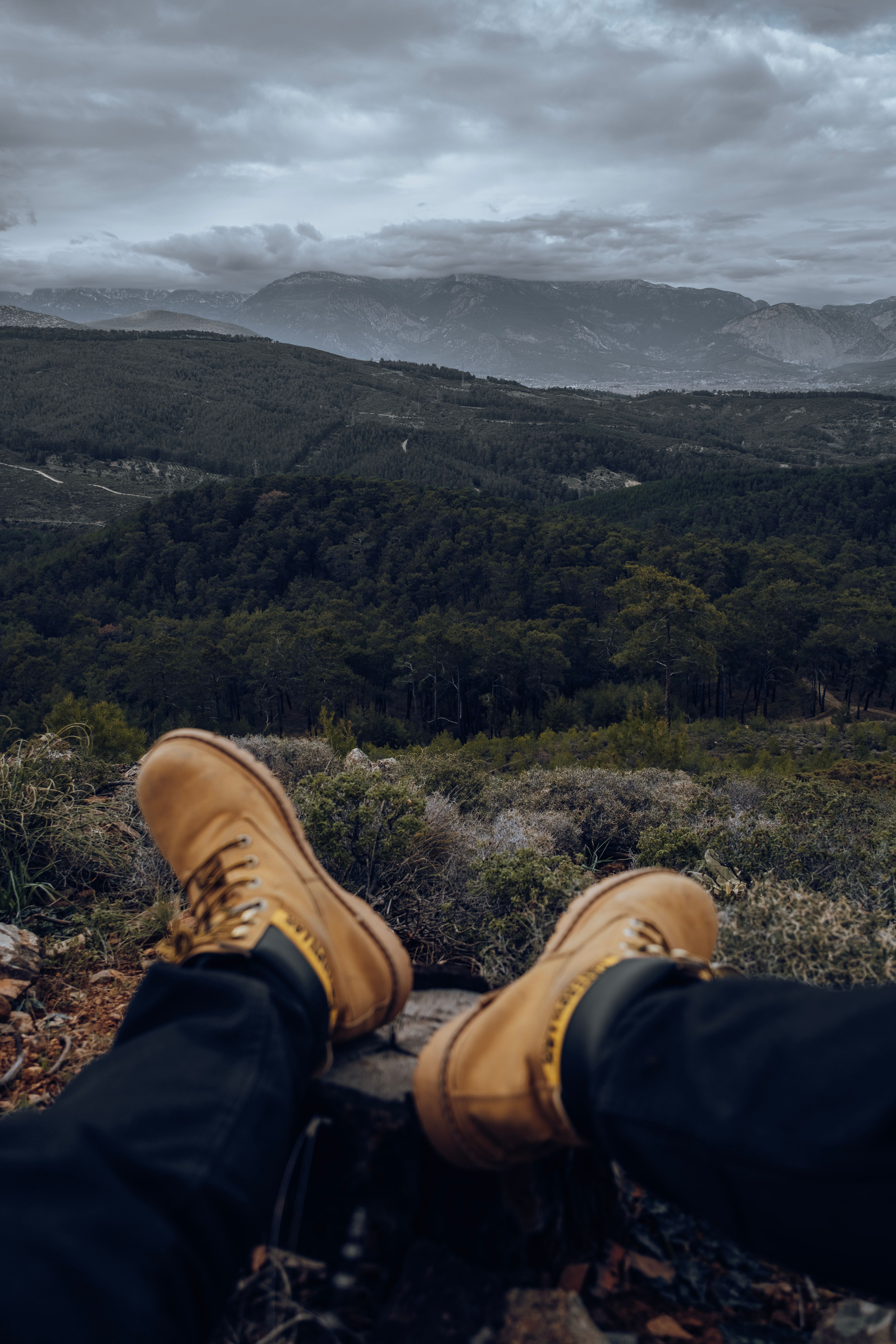Green Forest behind Shoes of Sitting Person · Free Stock Photo