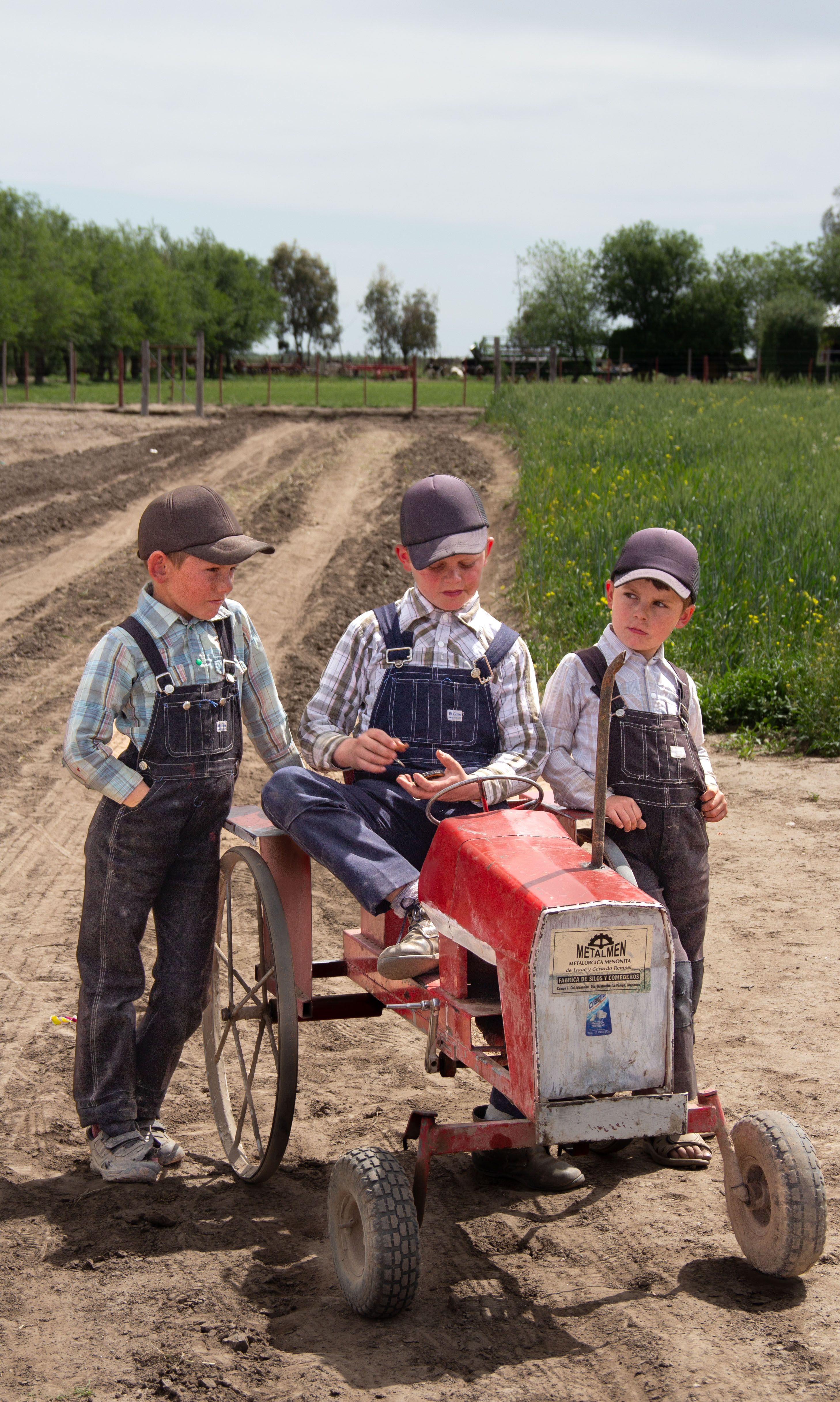 Boys by Toy Tractor in Field · Free Stock Photo