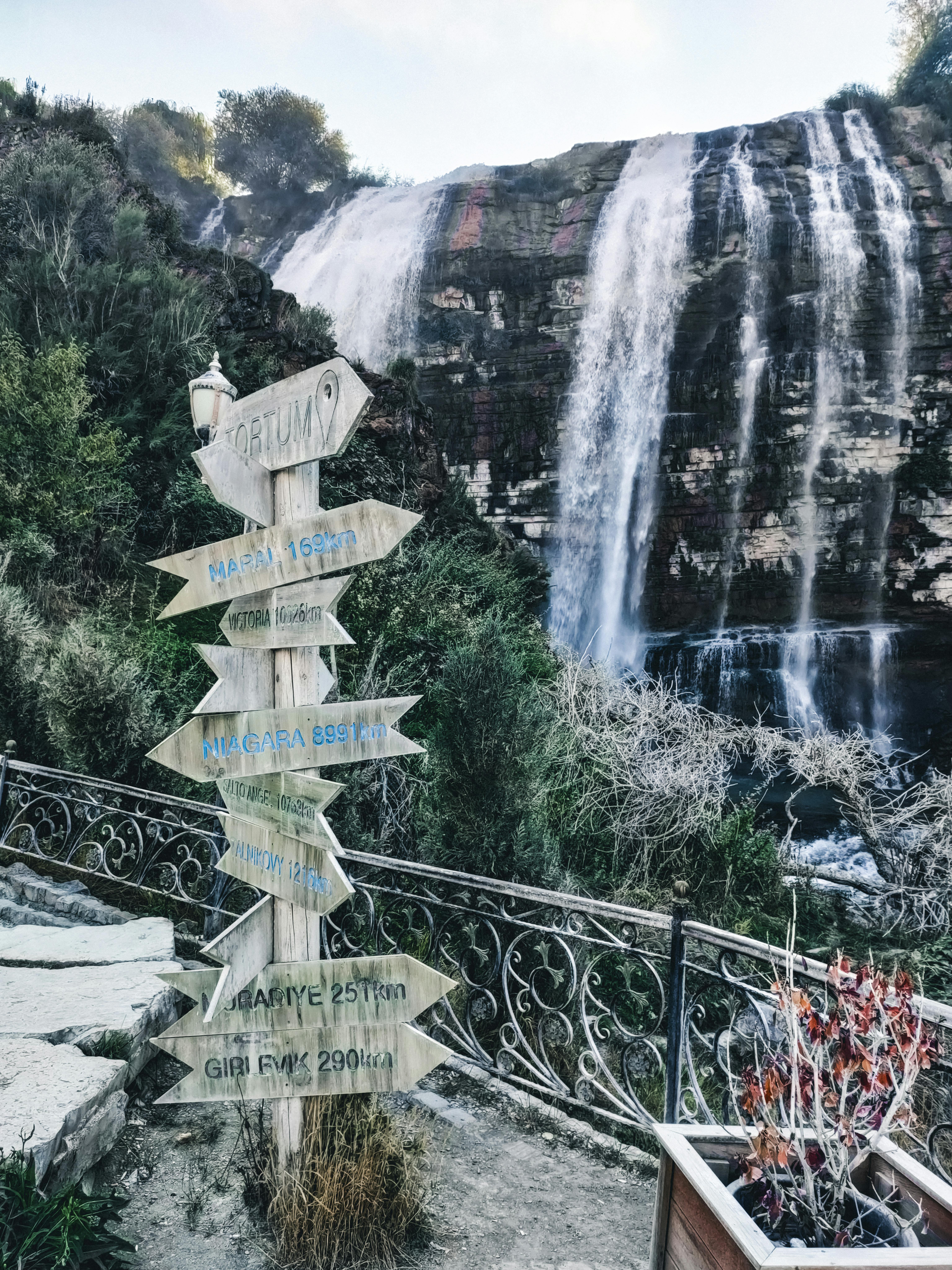 Directional Signs and Waterfalls behind · Free Stock Photo