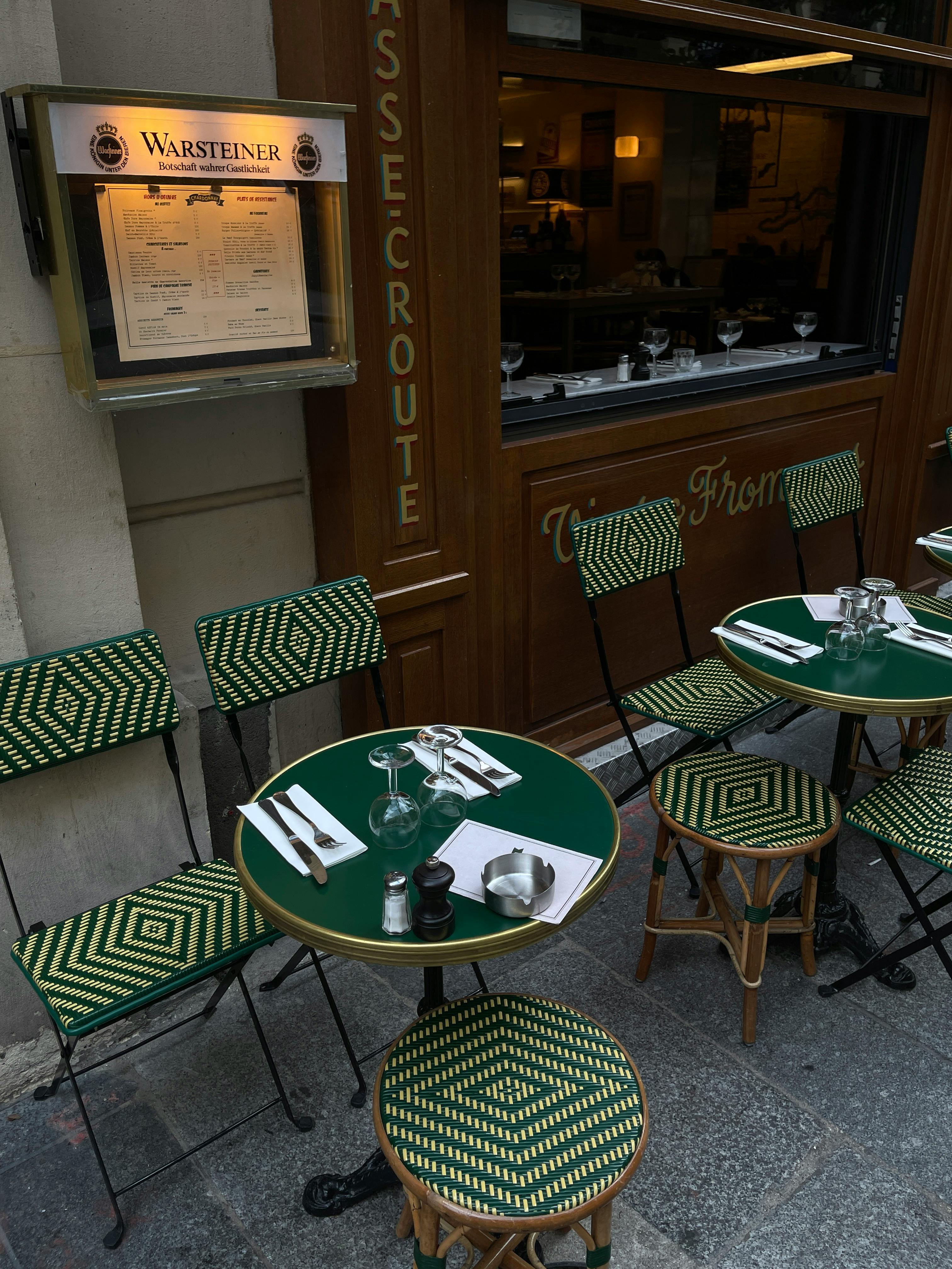 Green Tables and Chairs by Restaurant Wall · Free Stock Photo