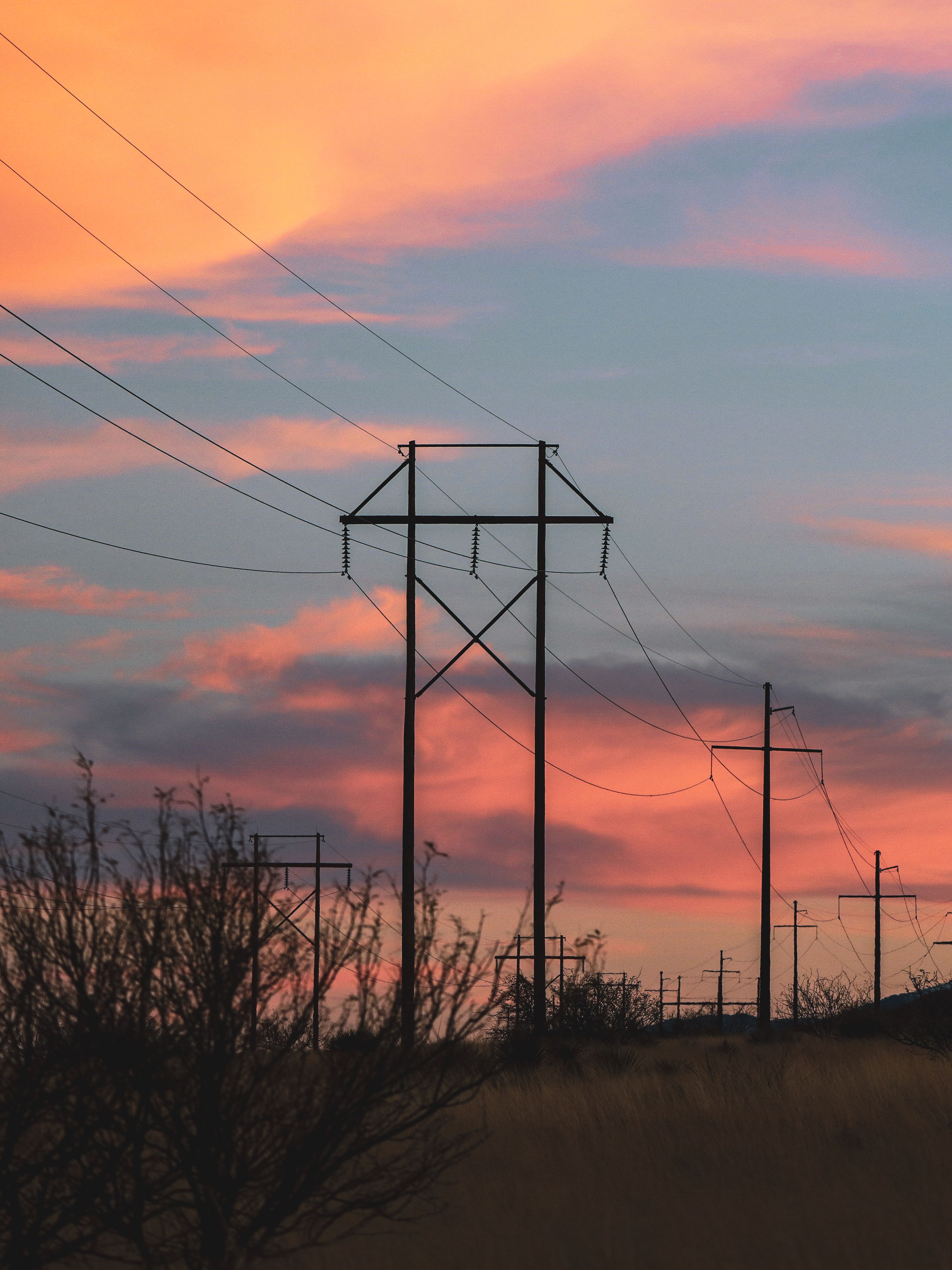 Transmission Poles and Overhead Power Lines at Dusk · Free Stock Photo