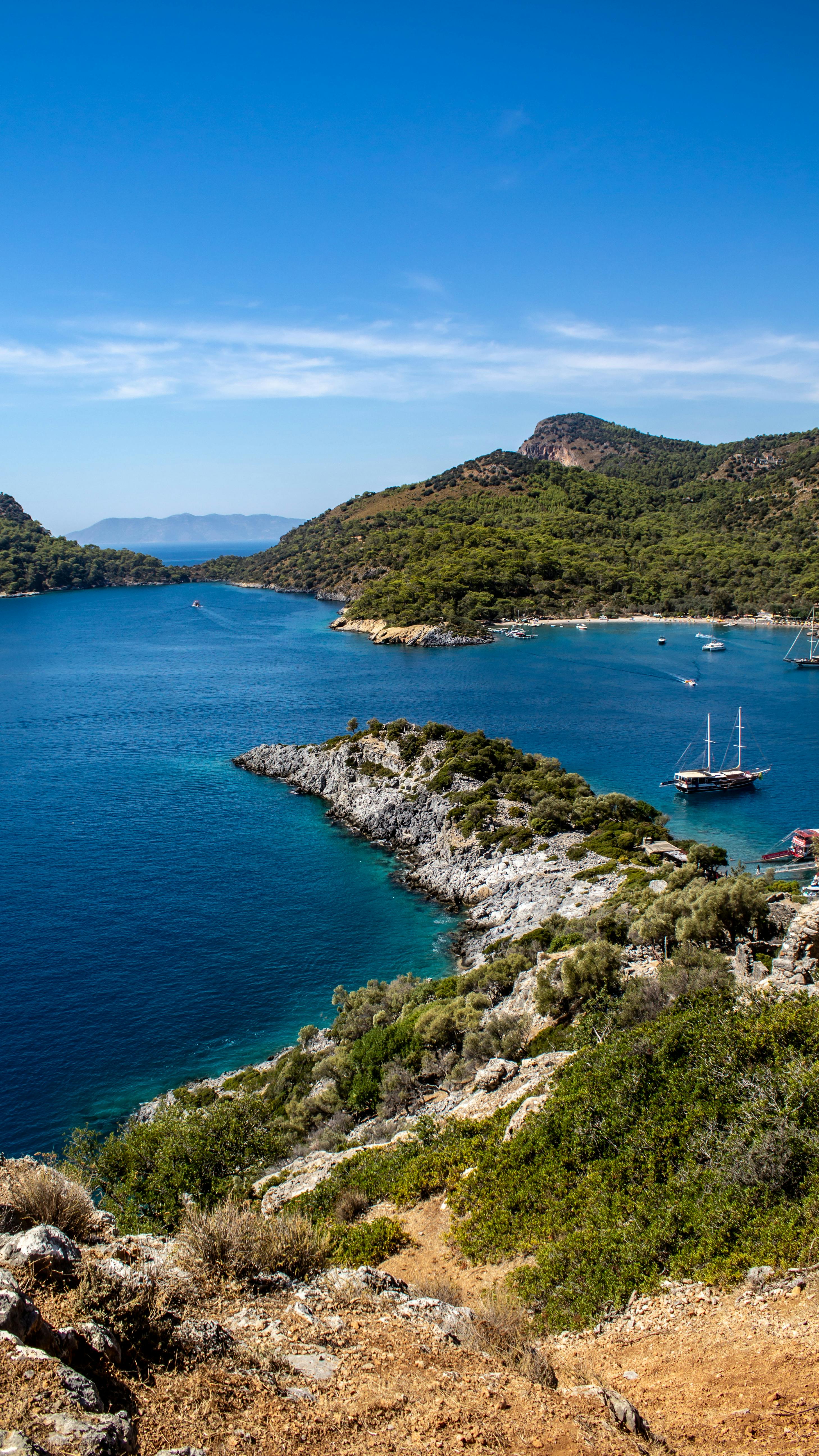 Scenic Panorama of a Sea Bay with Sail Ships, Gemiler Island, Turkey ...