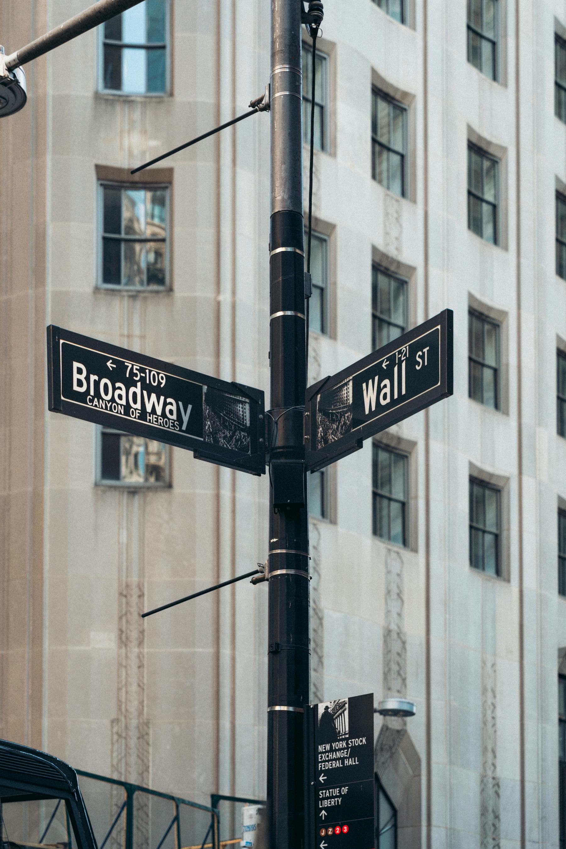 A street sign with the words wall street and broadway · Free Stock Photo