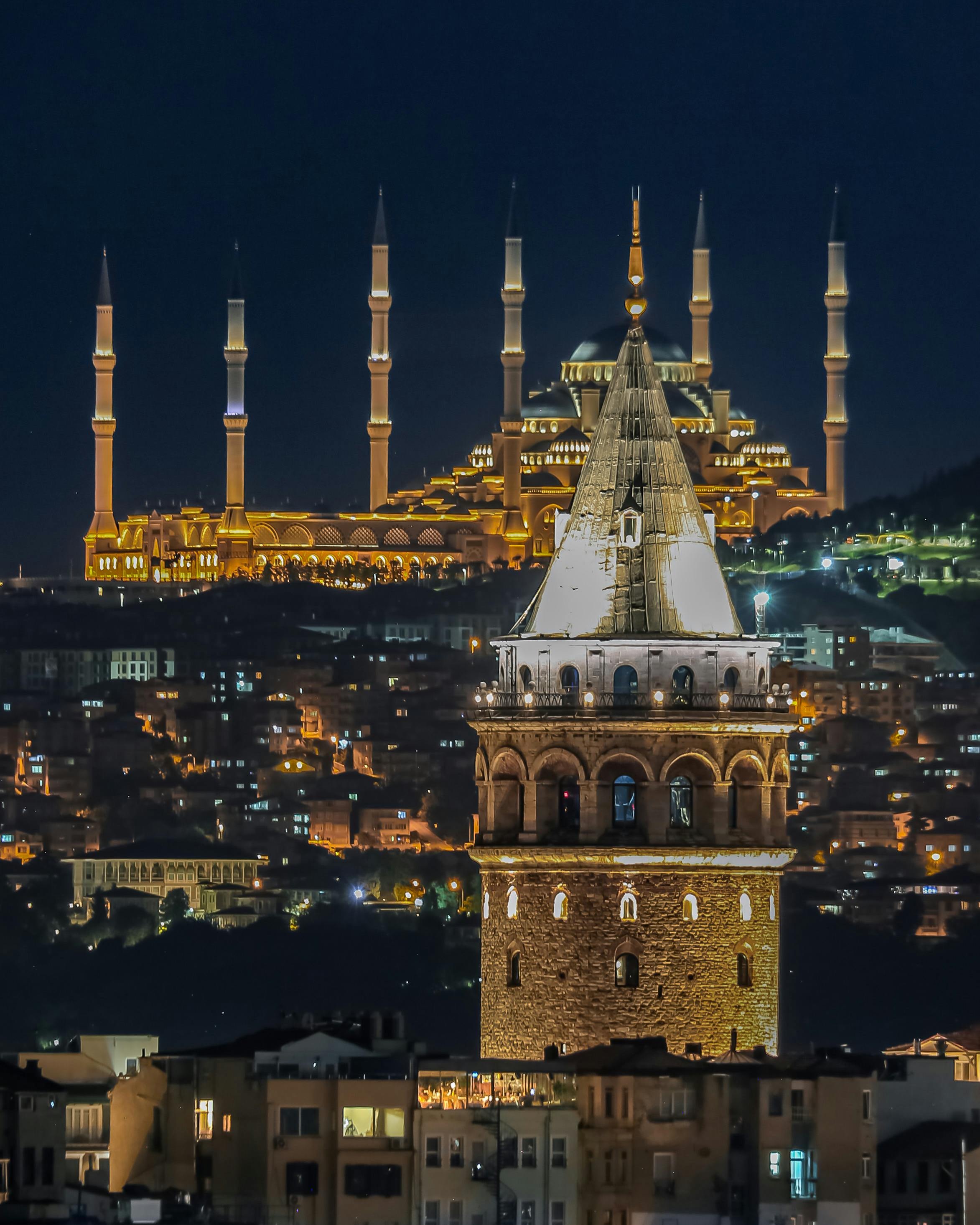 Galata Tower and Camlica Mosque behind at Night · Free Stock Photo