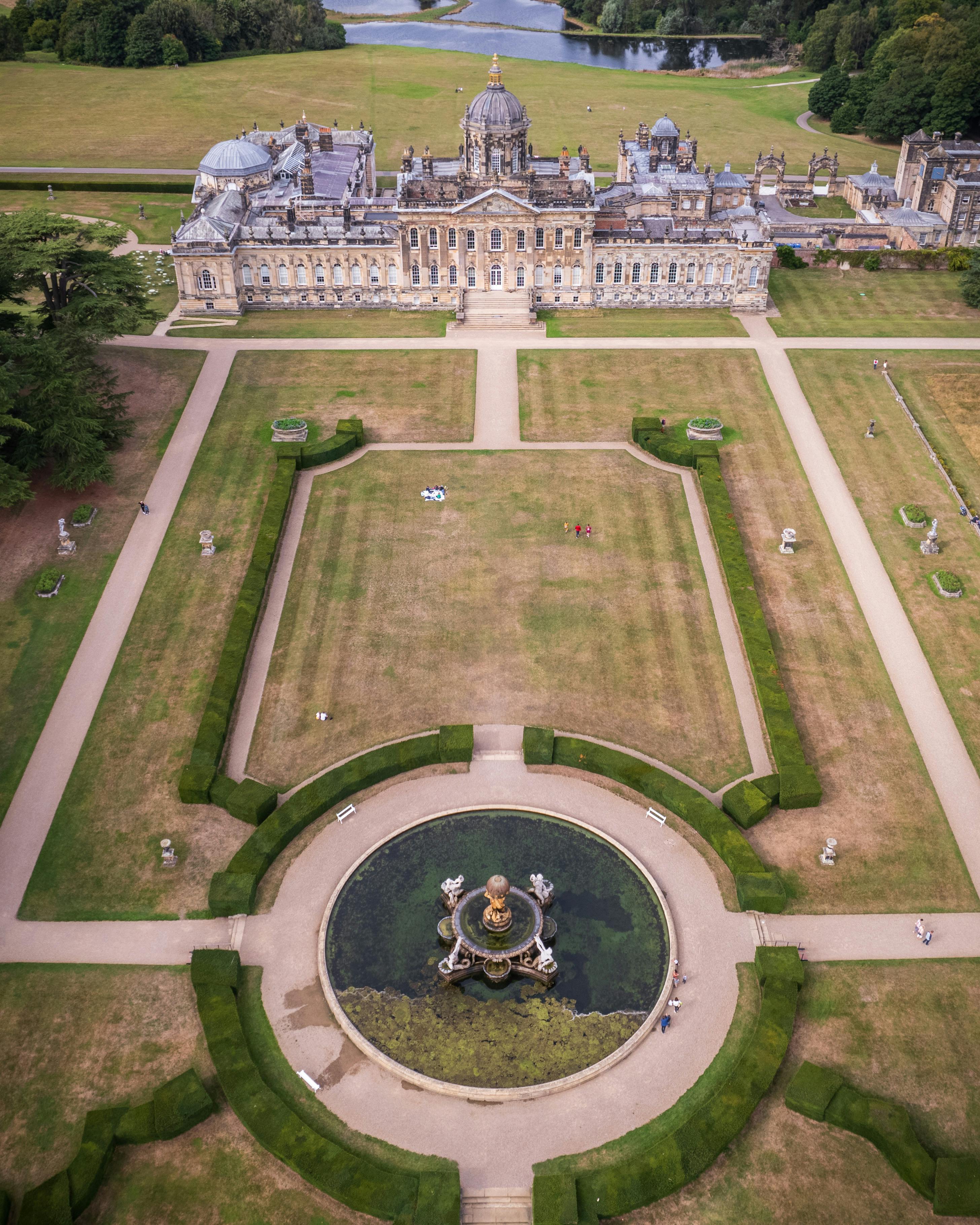 Aerial View of Mansion Castle Howard and its Gardens in North Yorkshire ...