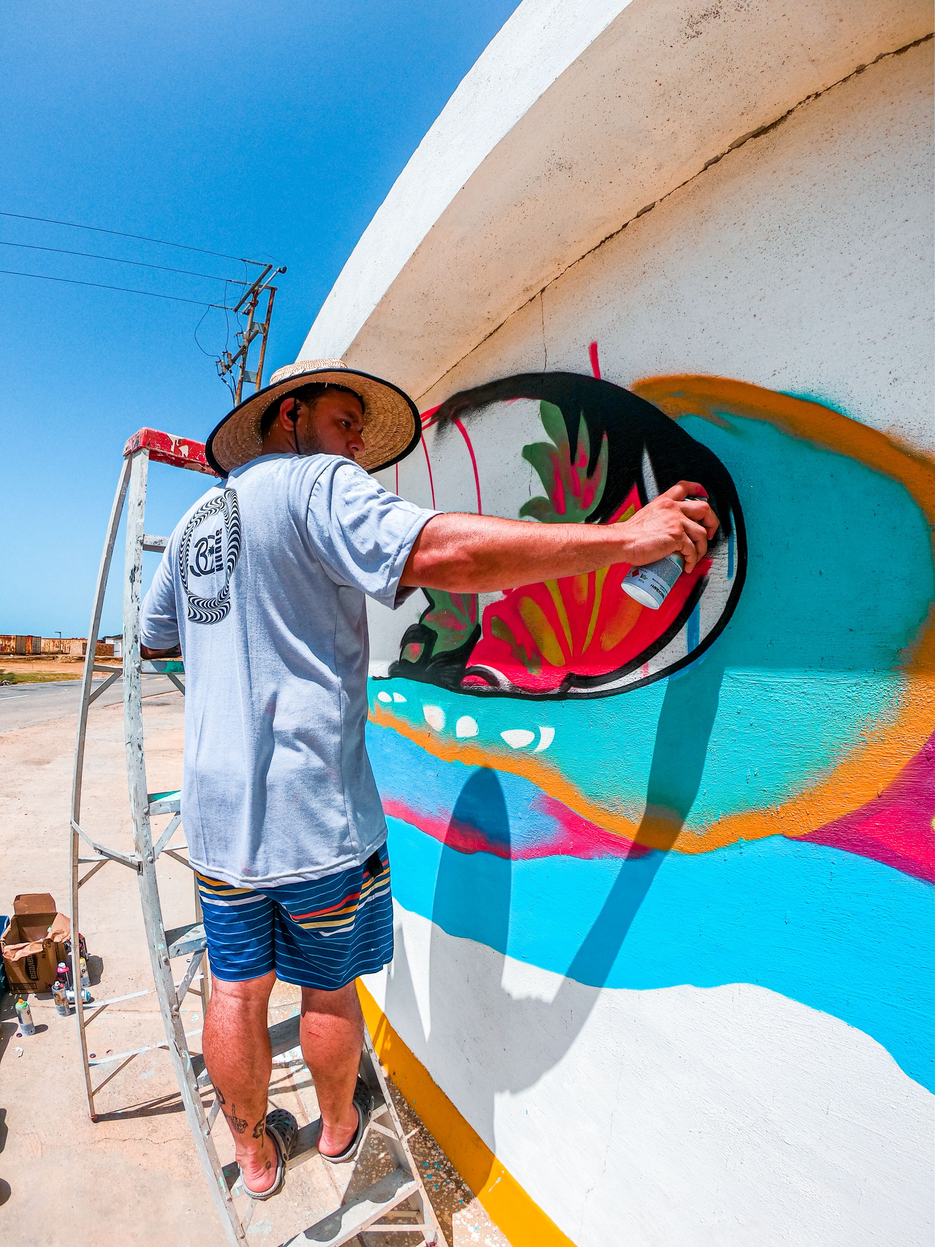 Man Standing on Ladder Painting Graffiti on Wall · Free Stock Photo