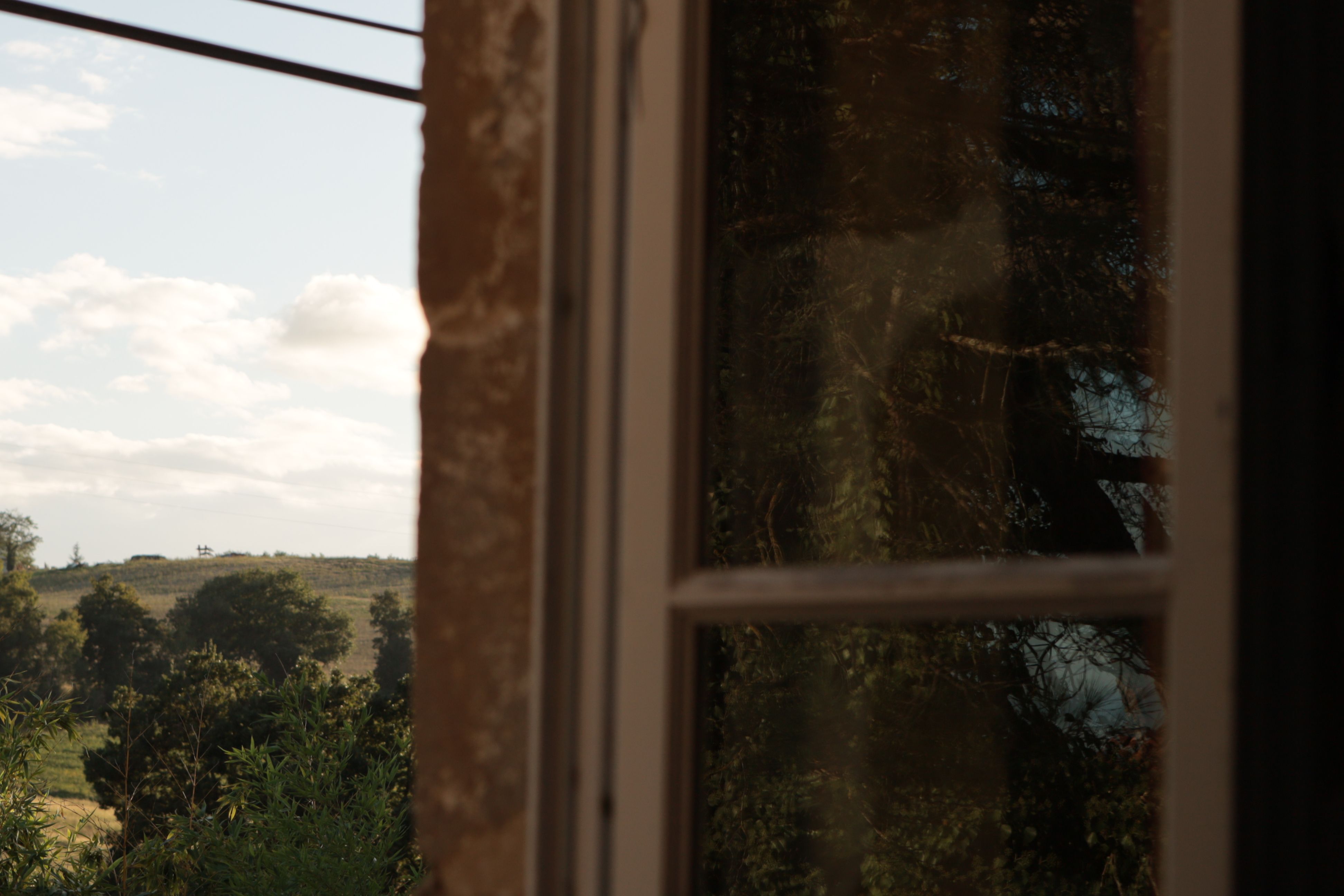 A window with a view of a field and trees · Free Stock Photo