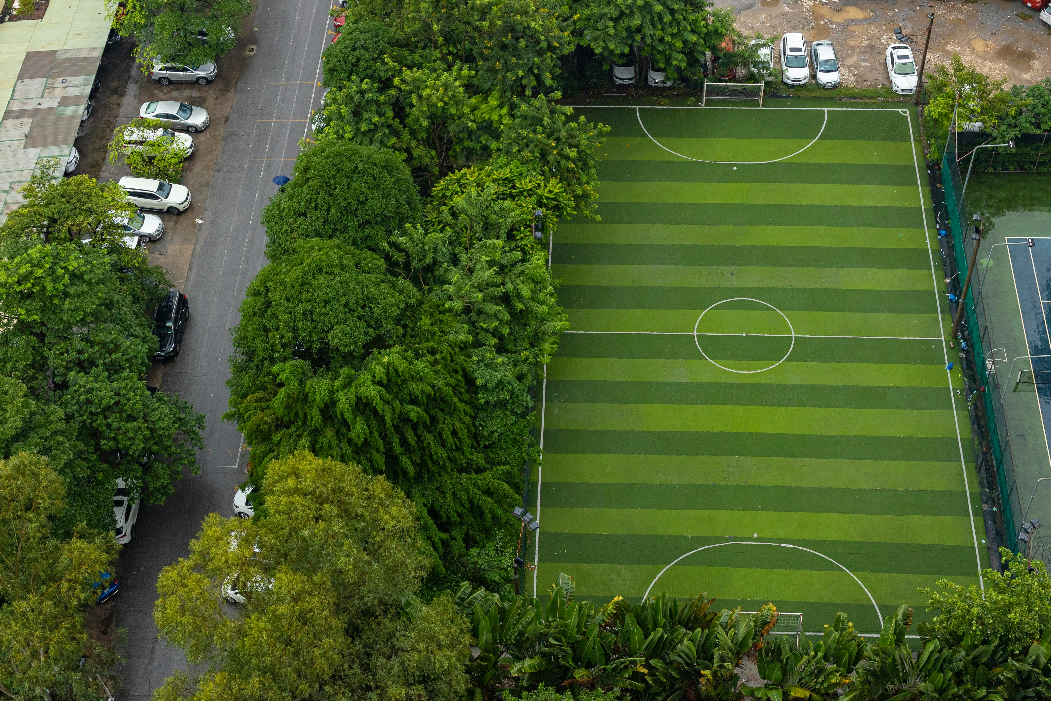 Aerial View of Soccer Field and Parking Area · Free Stock Photo
