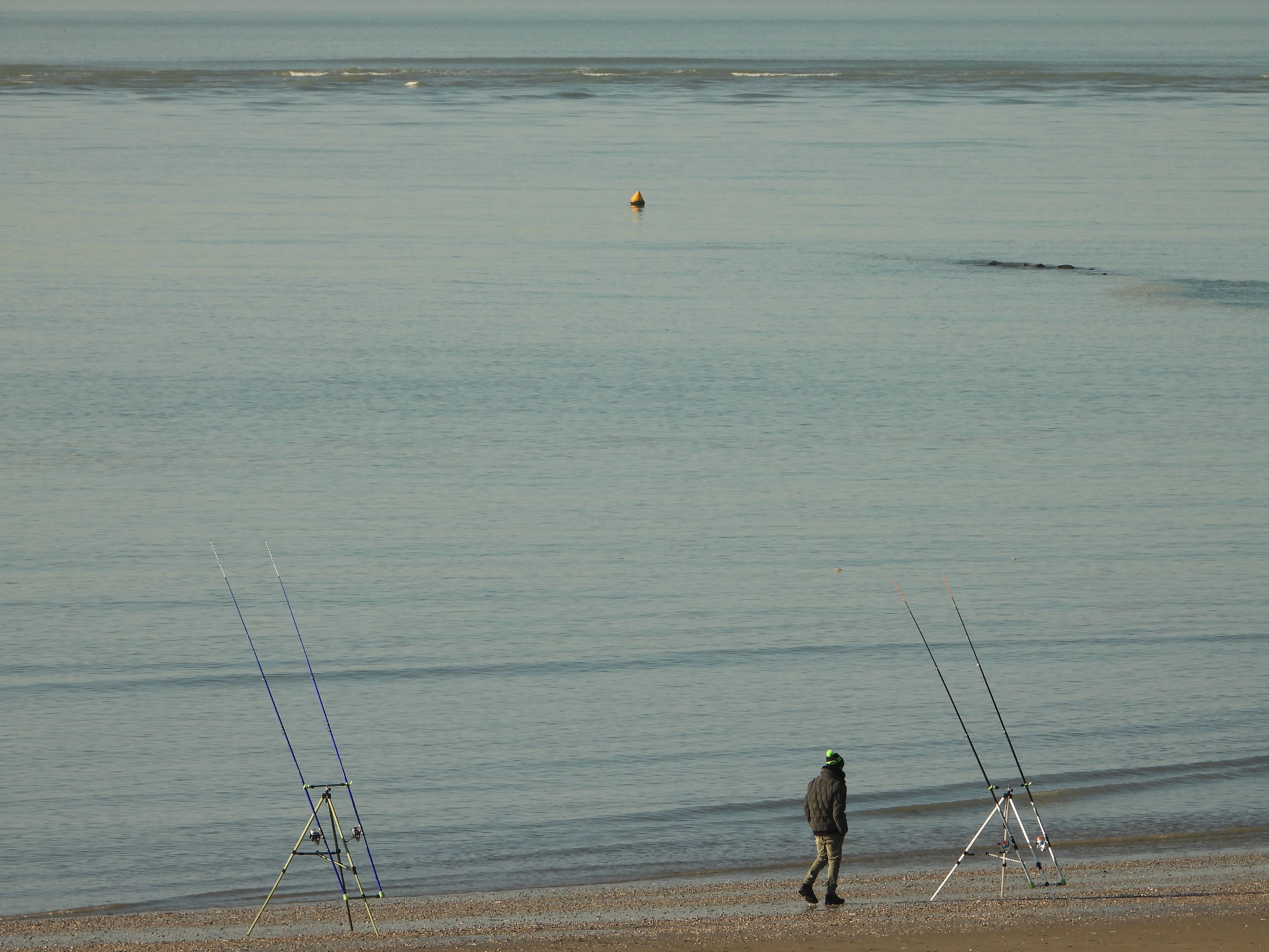 A man walking on the beach with a fishing pole · Free Stock Photo