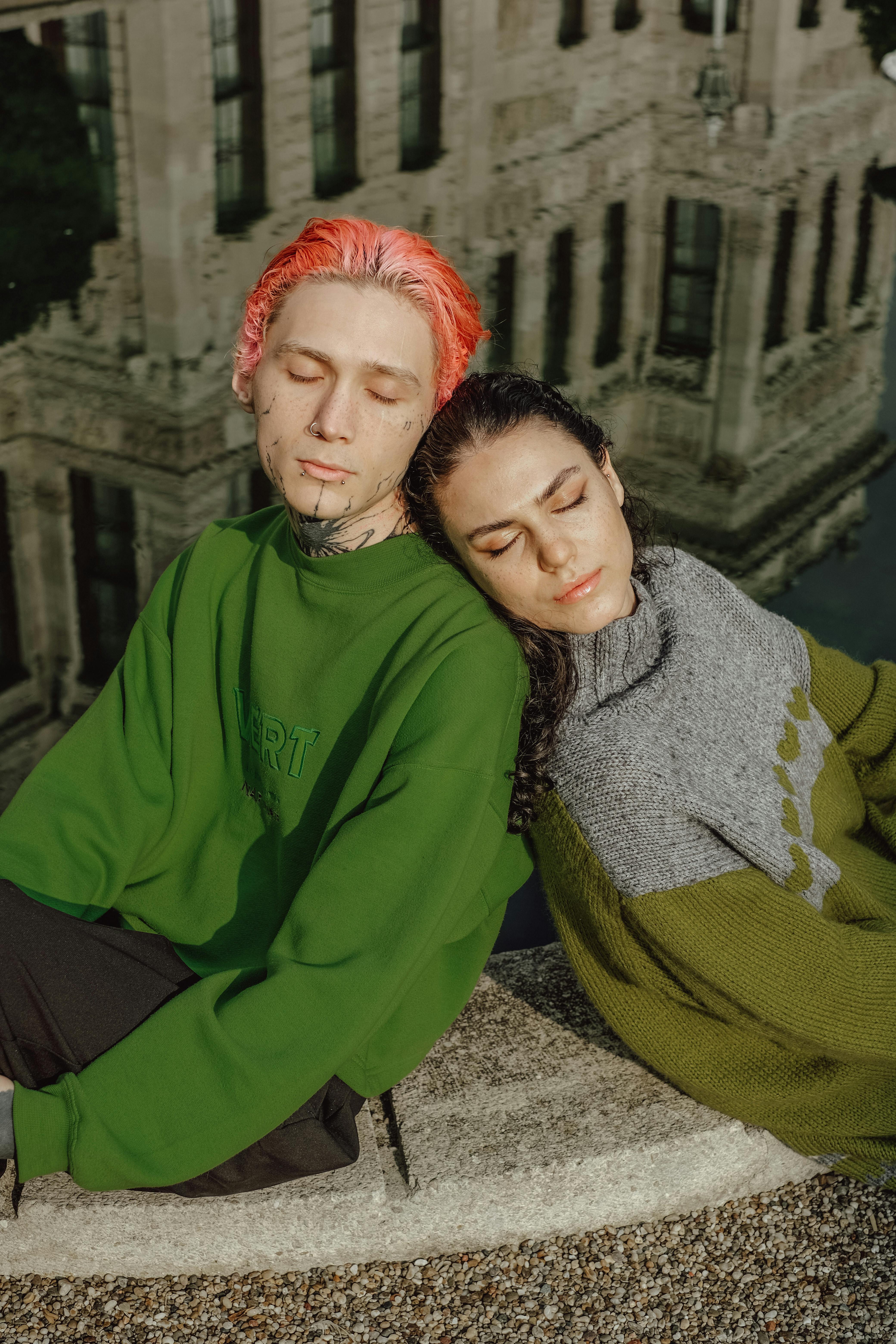 Portrait of a Young Couple Leaning on each other with Closed Eyes ...