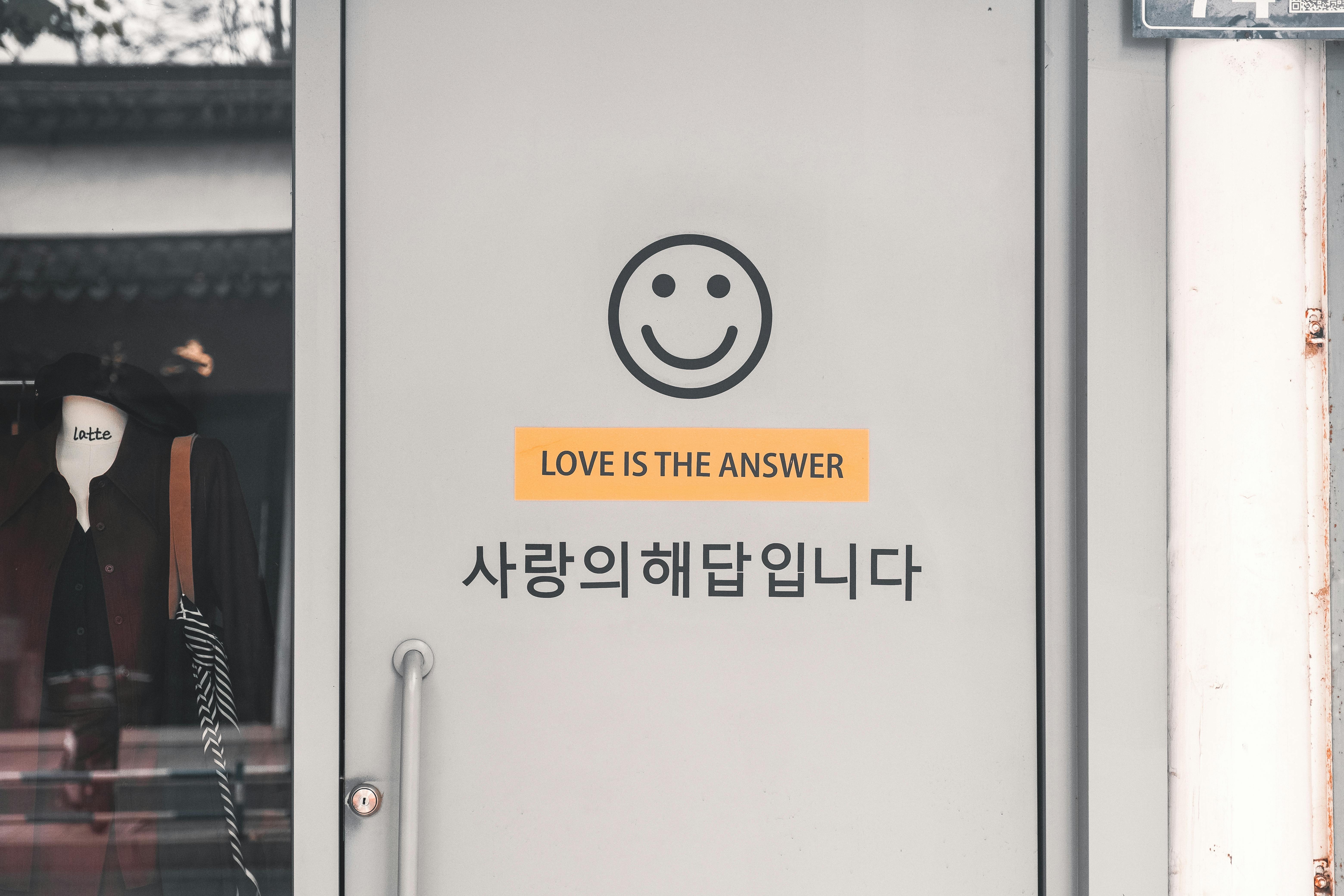 A door with a smiley face on it and the words love is the answer · Free ...