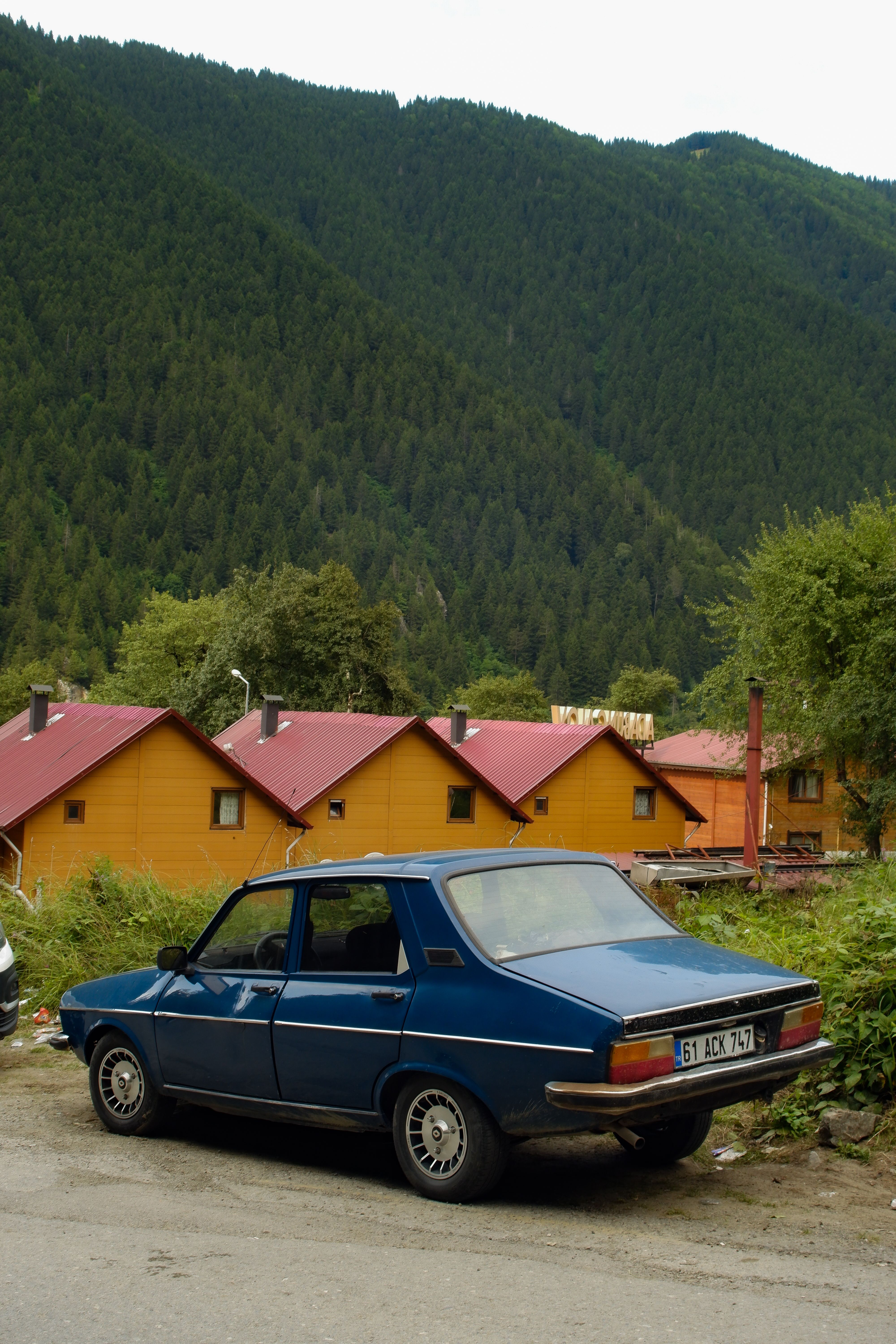 Vintage Car Parked in front of Village Houses with Forested Hills in ...