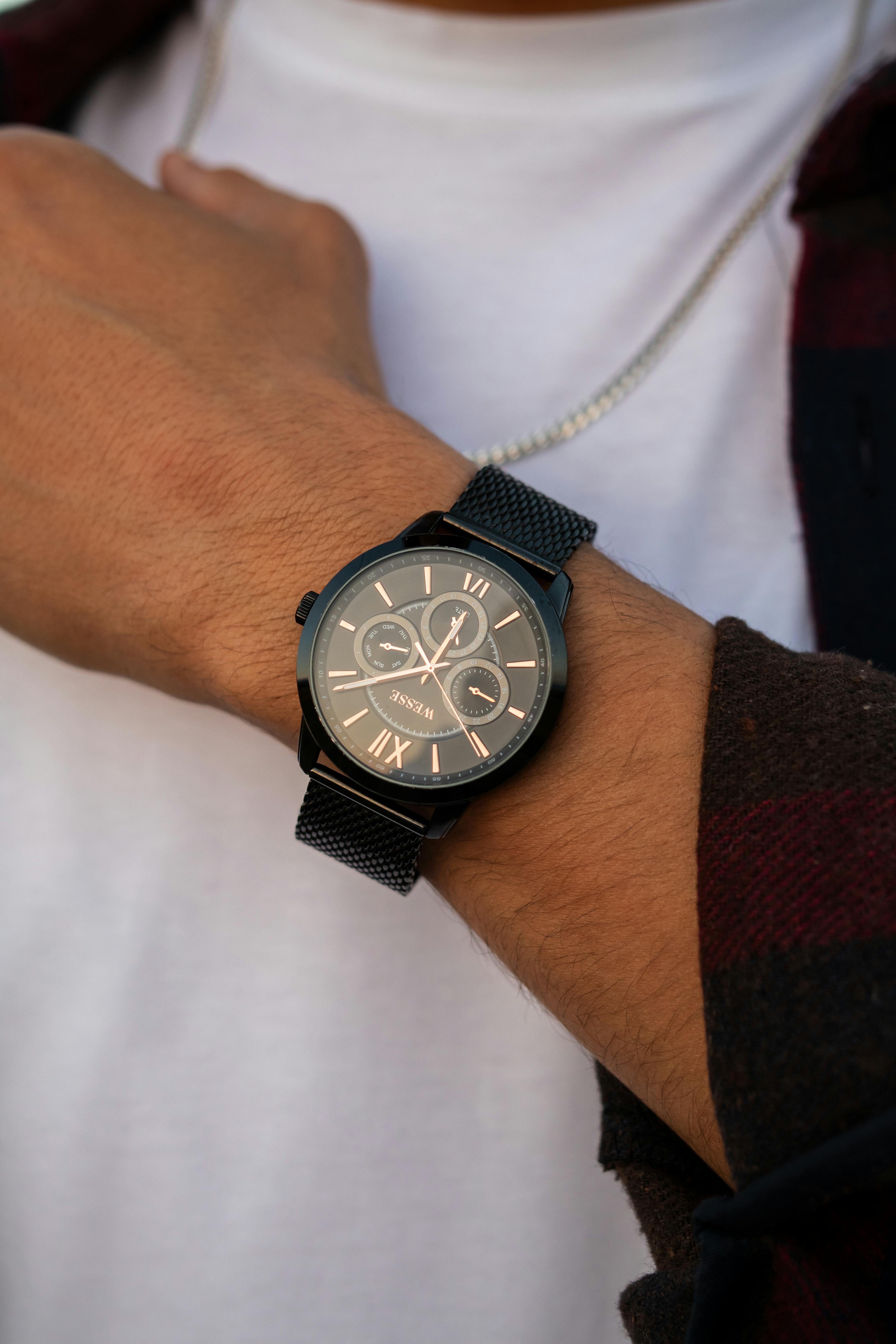 Round White and Silver-colored Analog Watch With Black Leather Band ...