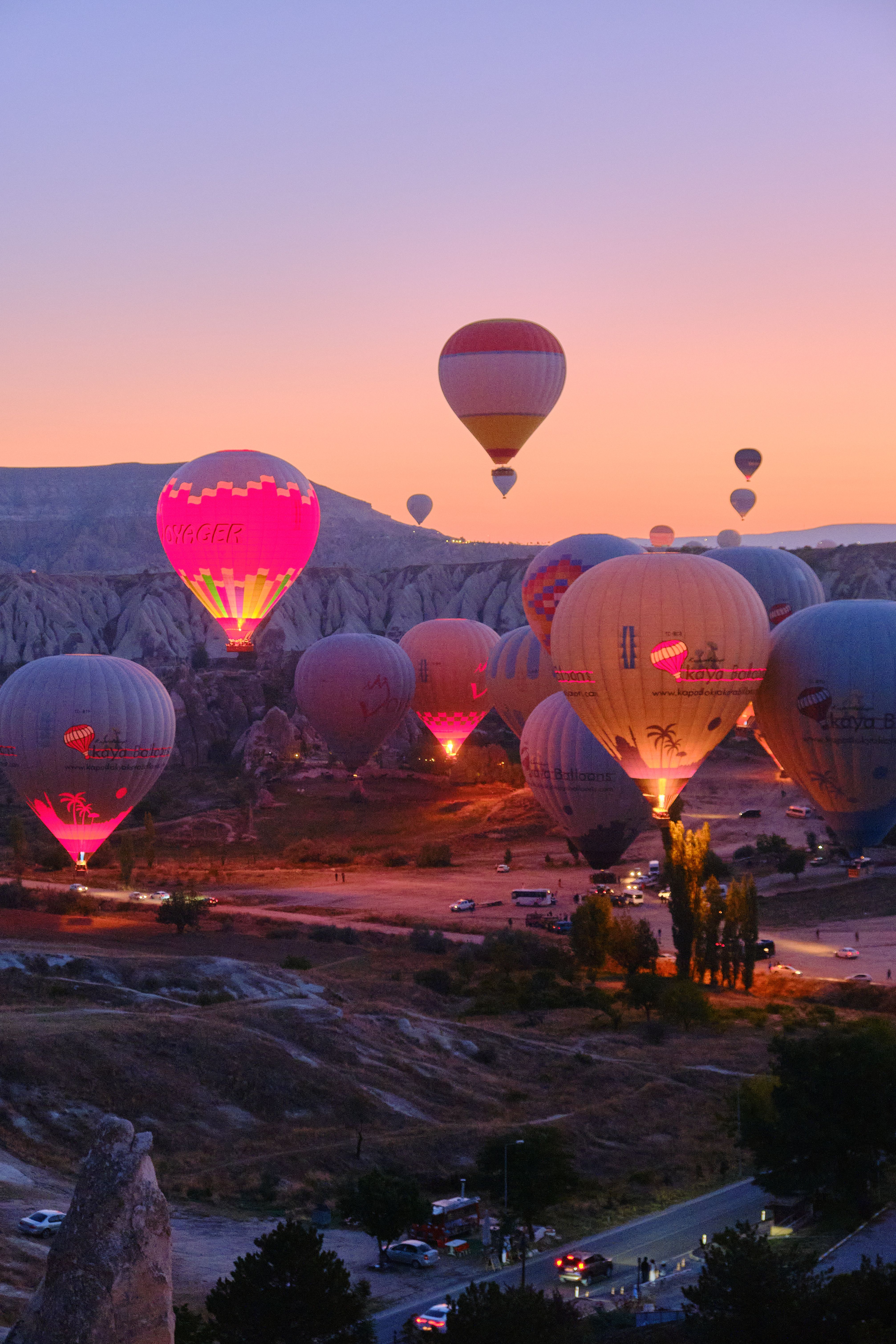View of Flying Hot Air Balloons over Cappadocia, Turkey at Sunset ...