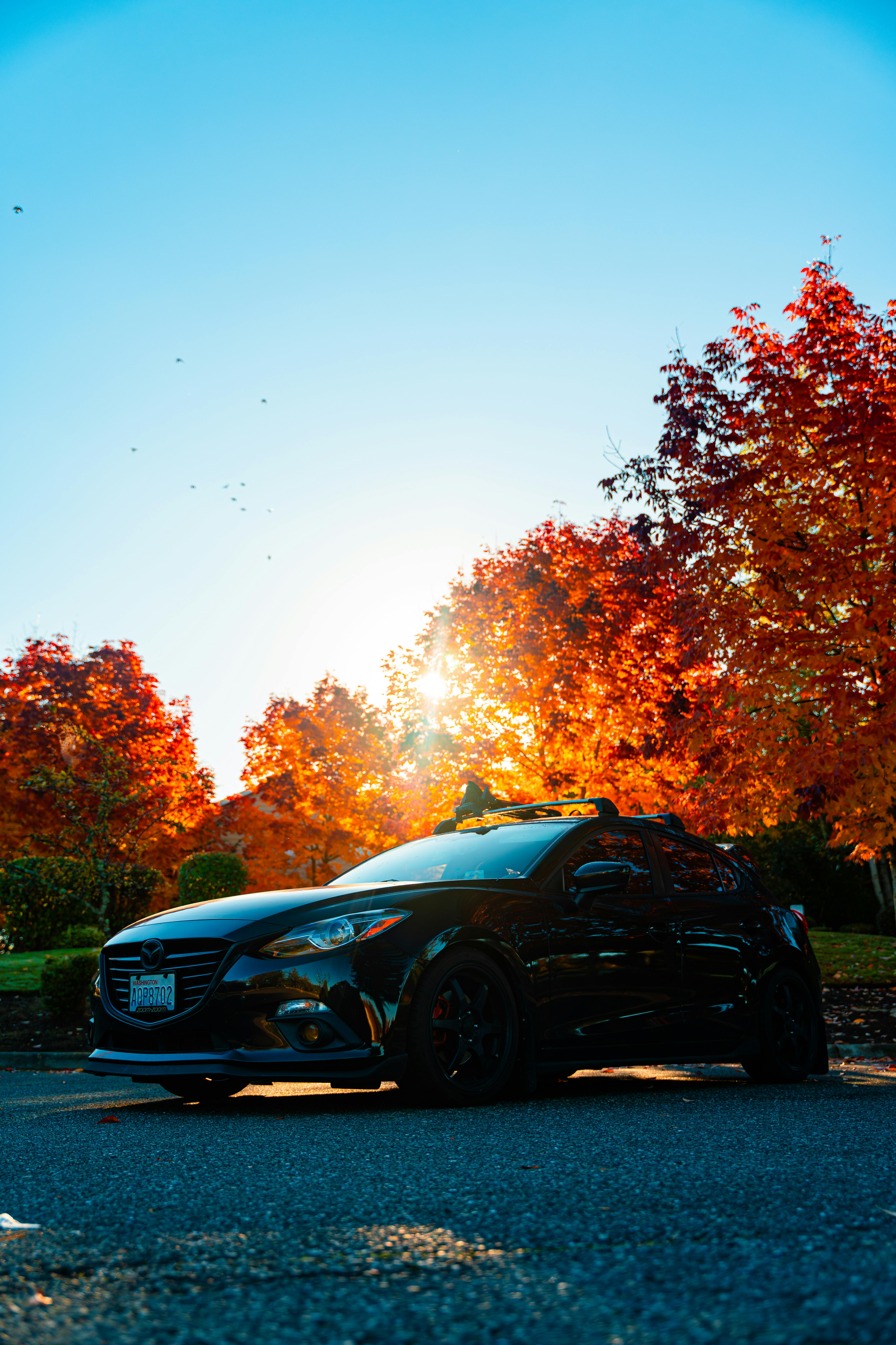 Black Mazda3 in the Parking Lot of Autumn Park at Sunset · Free Stock Photo