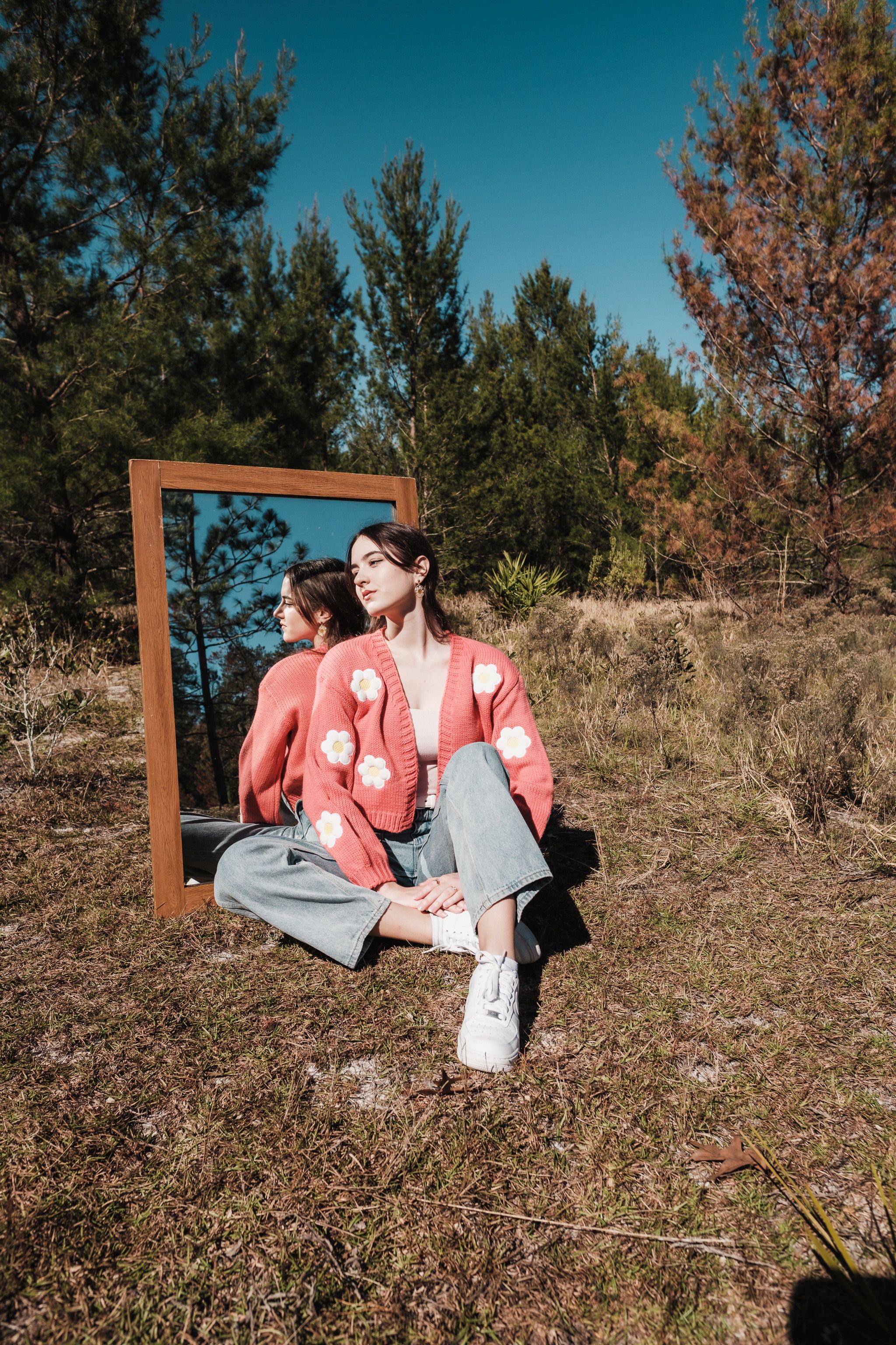 Woman Sitting by Mirror on Grass · Free Stock Photo