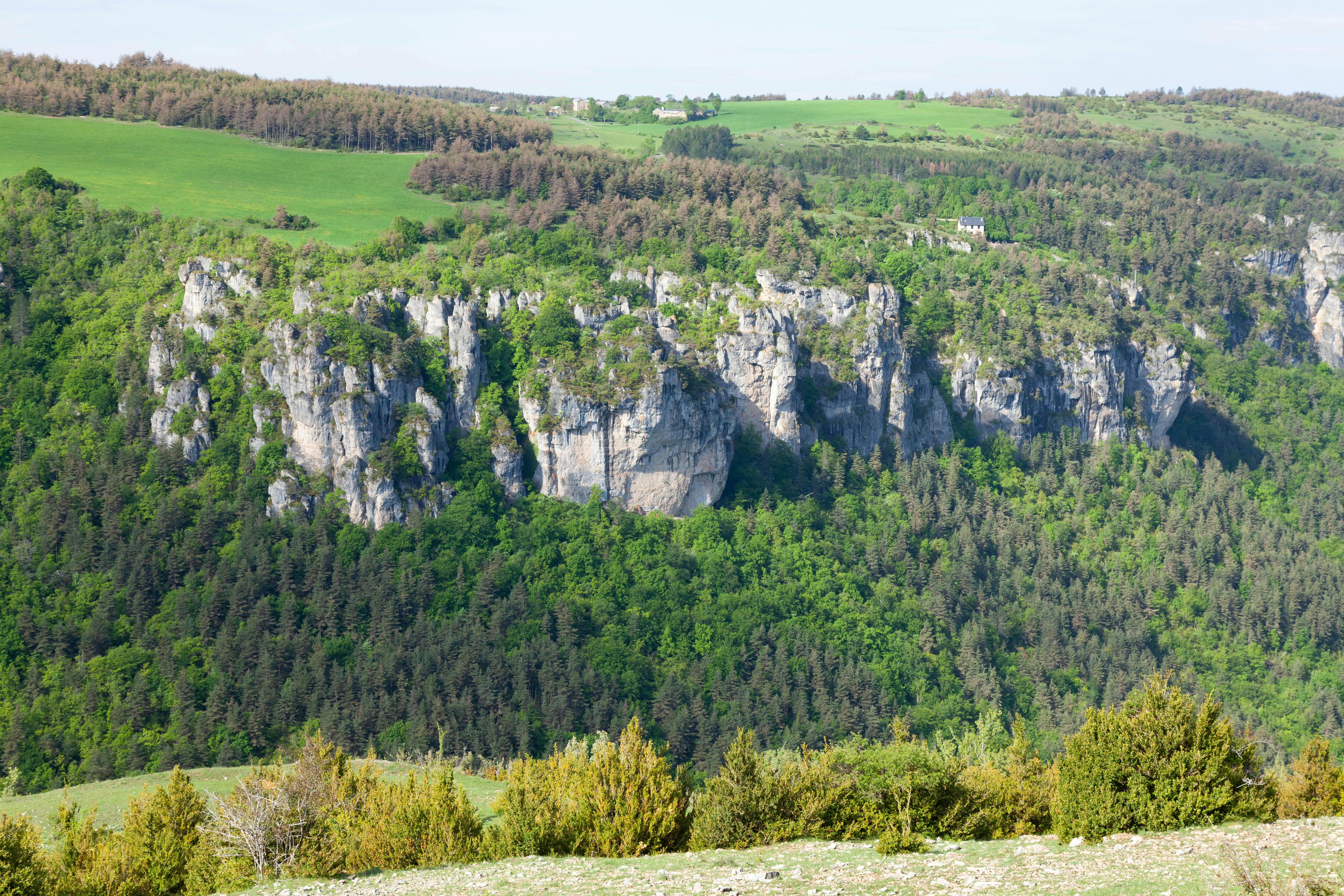 A view of a green hillside with a cliff · Free Stock Photo