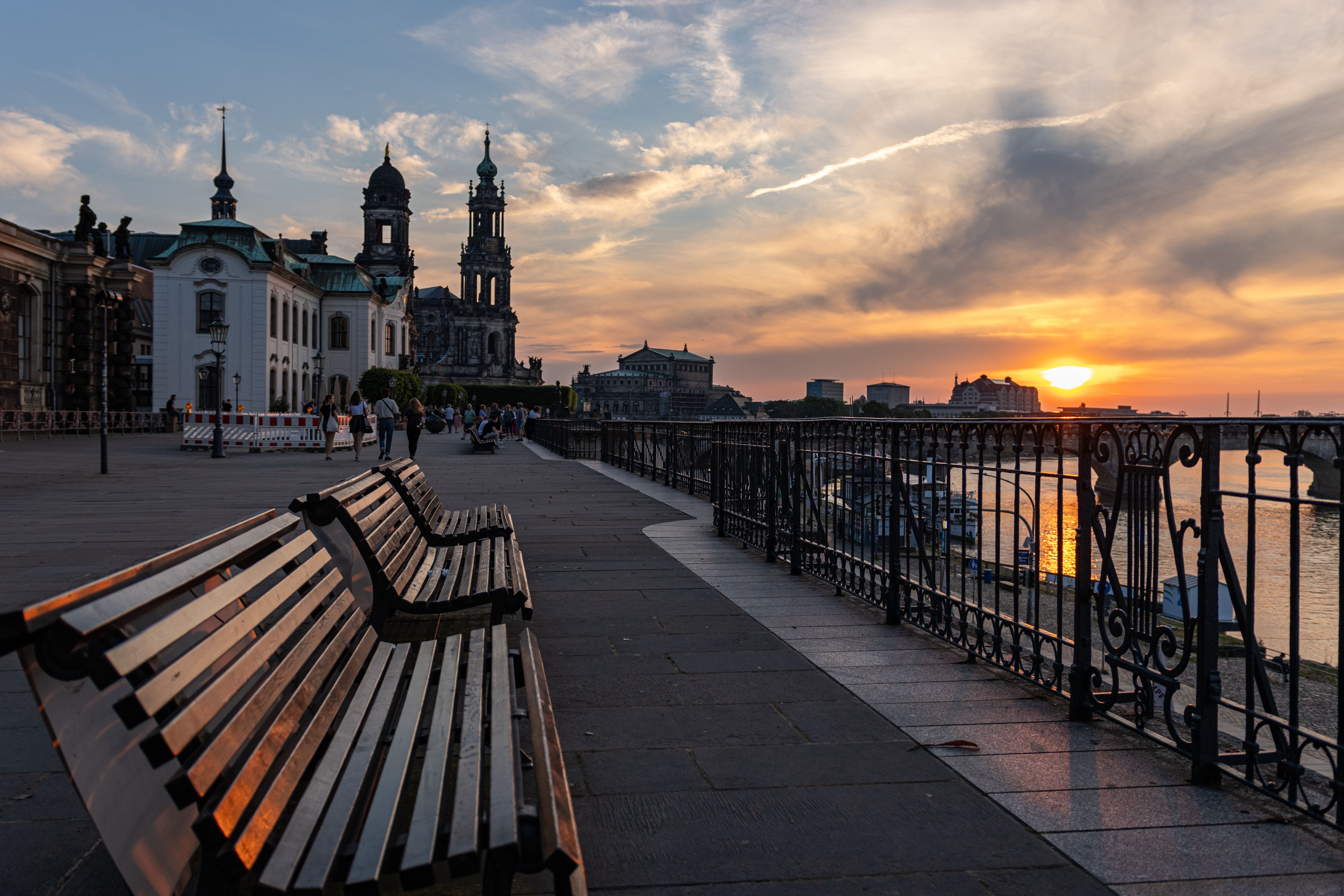 Benches on Promenade in Town at Sunset · Free Stock Photo