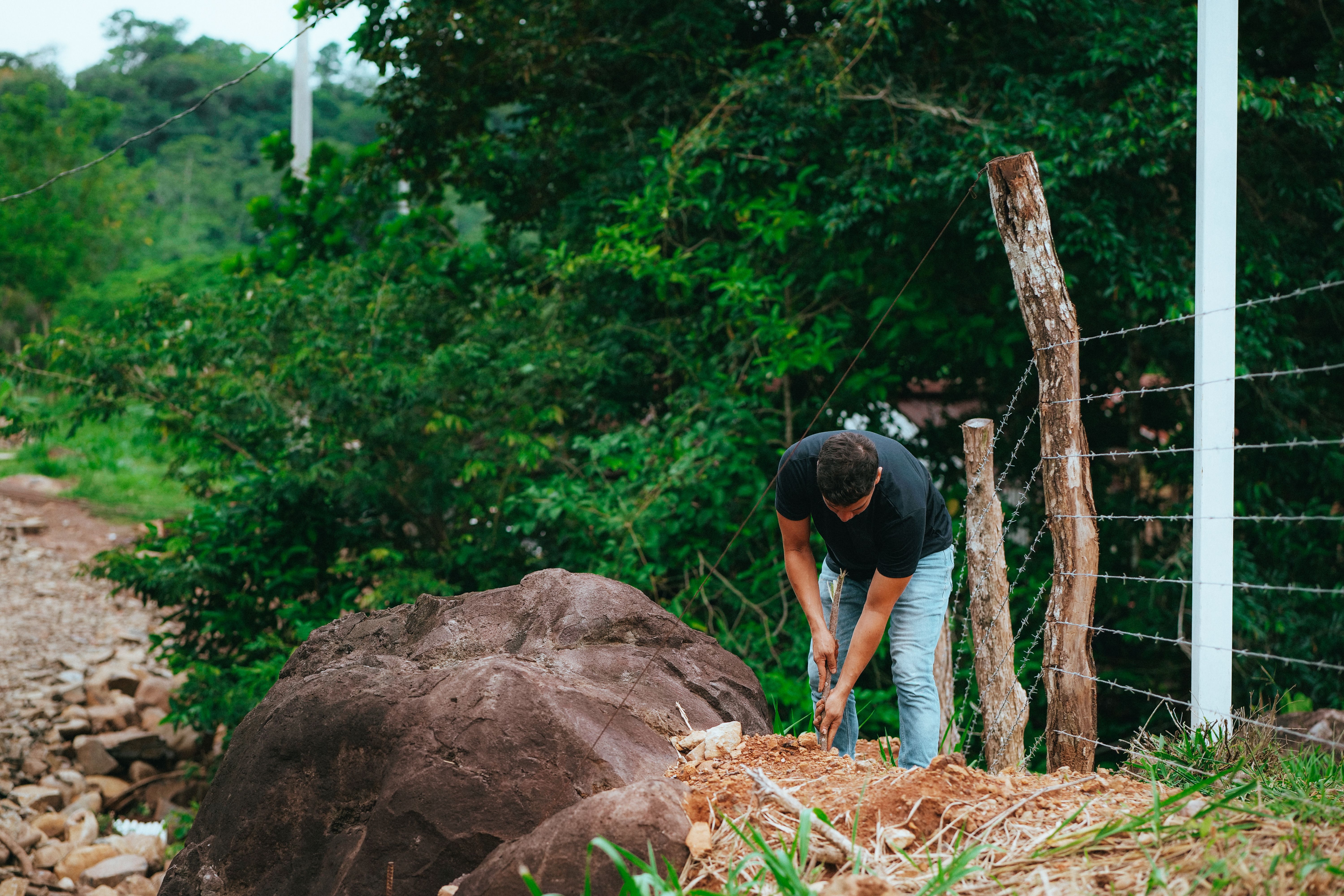 Man in T-Shirt Digging in Ground by Fence with Wooden Stick · Free ...