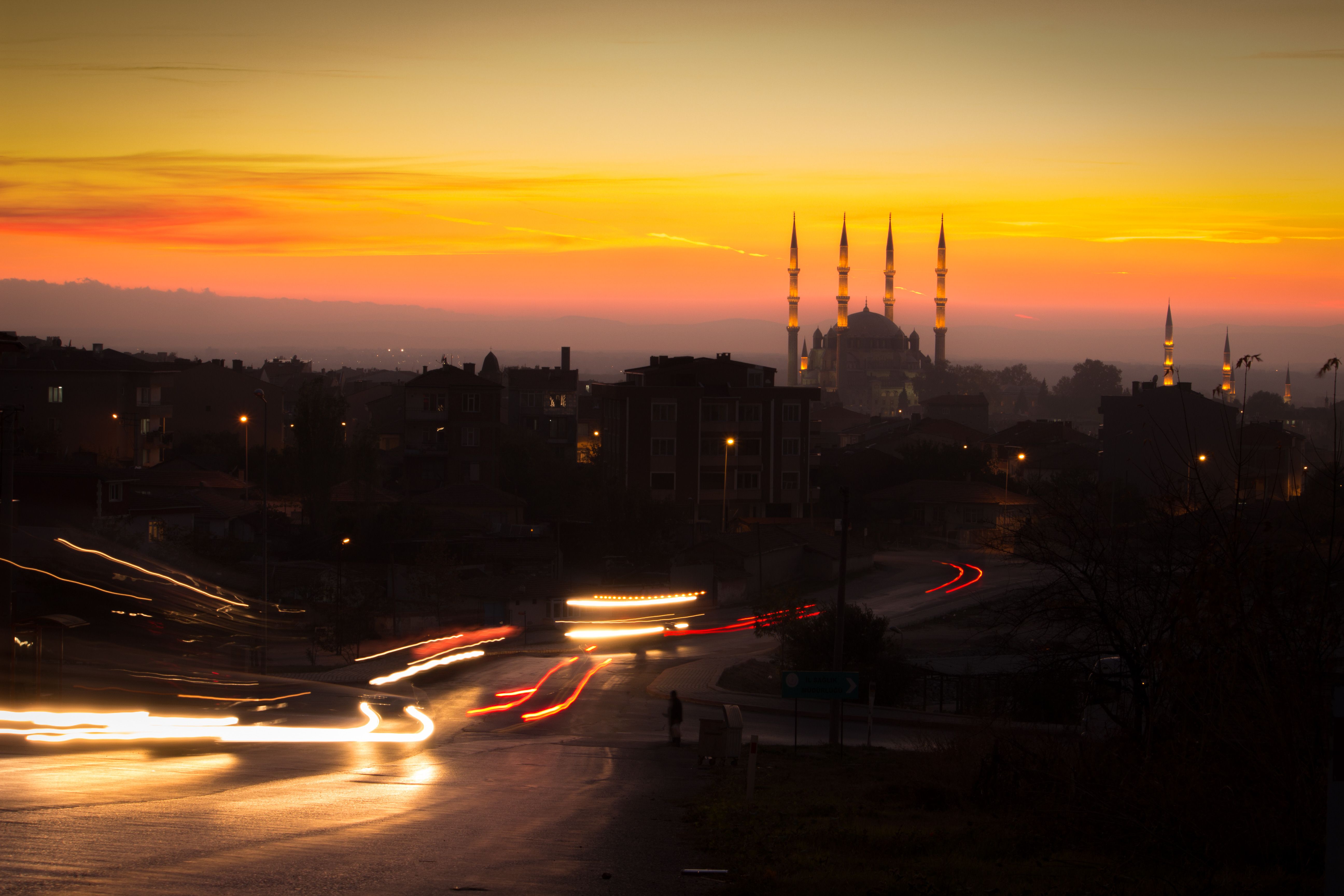 Lights on Road with Edirne Minarets behind at Sunset · Free Stock Photo
