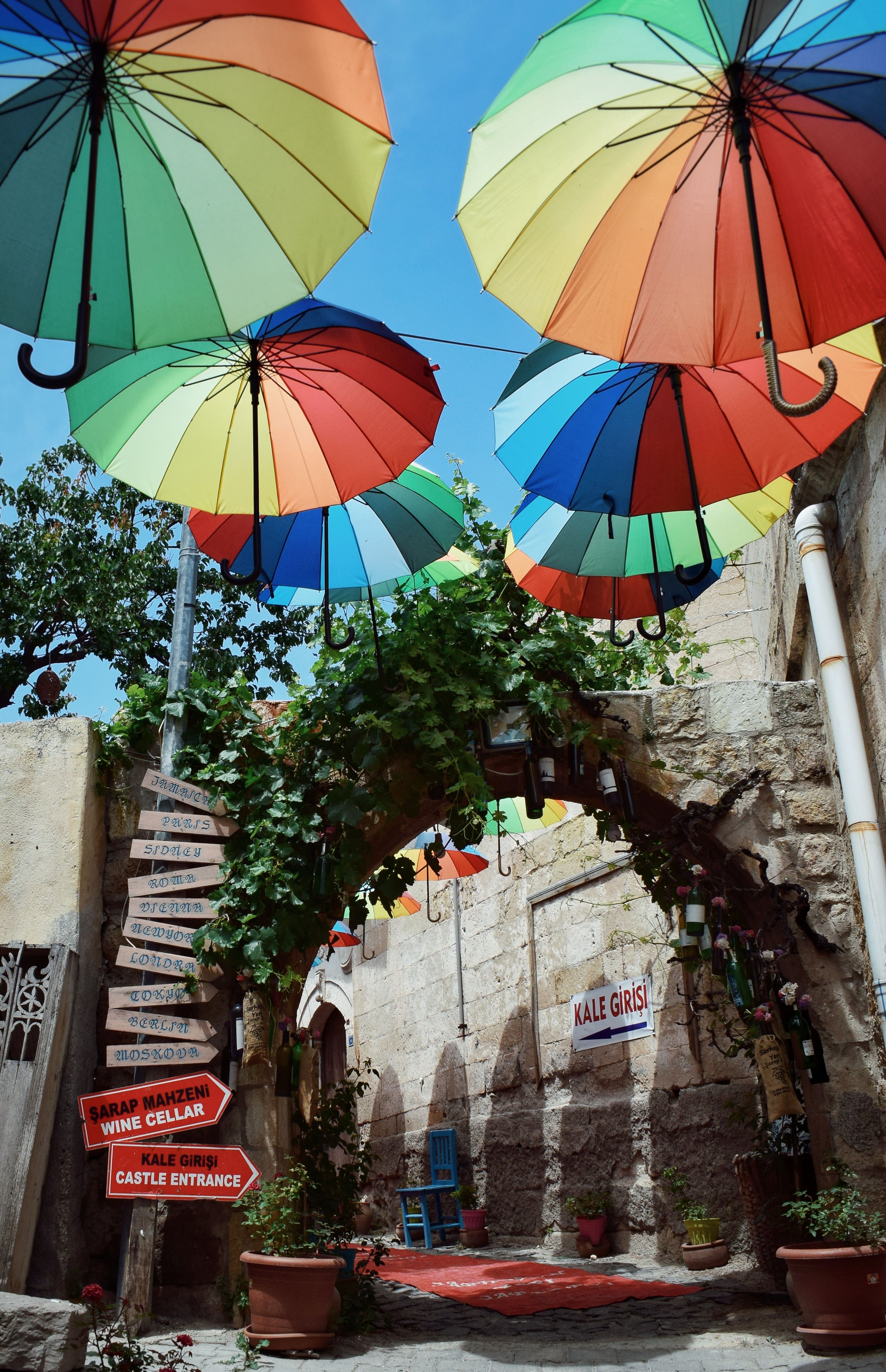 Colorful Umbrellas Hanging above the Street between the Buildings ...