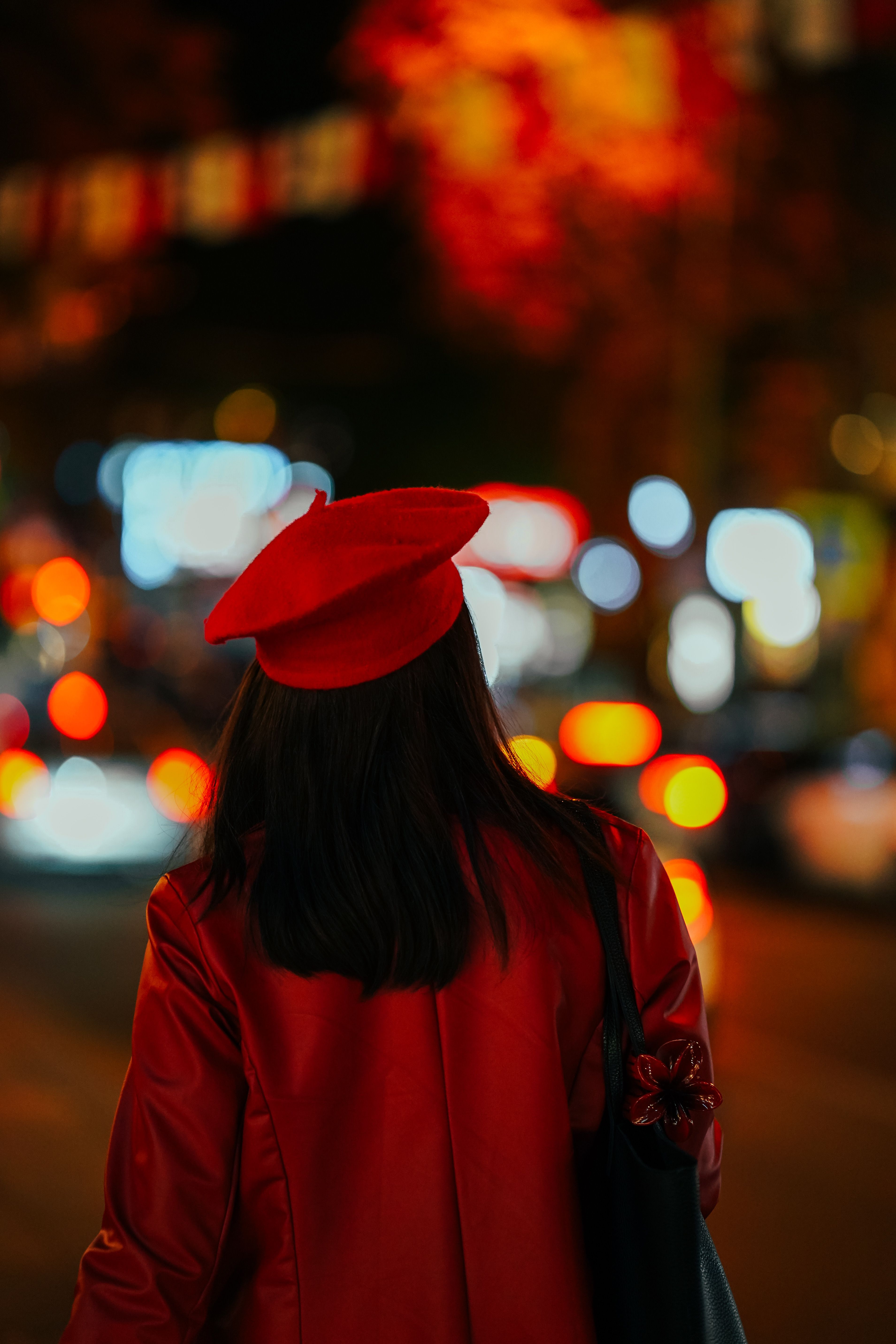 Brunette Woman with Red Hat on Street of Ankara, Turkey in Evening ...