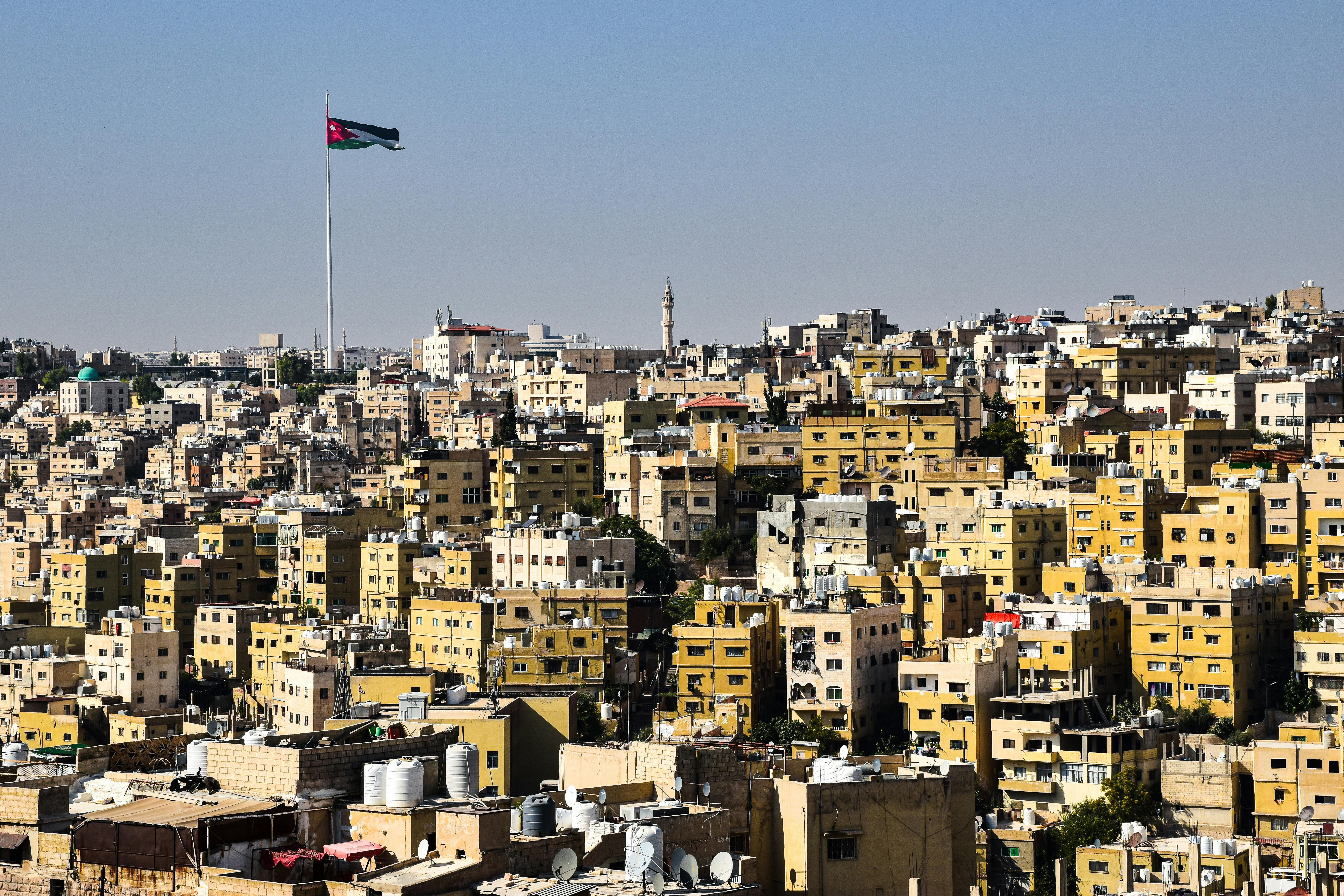 Panorama of Amman Cityscape with Huge Flag Hoisted on a Mast, Jordan ...
