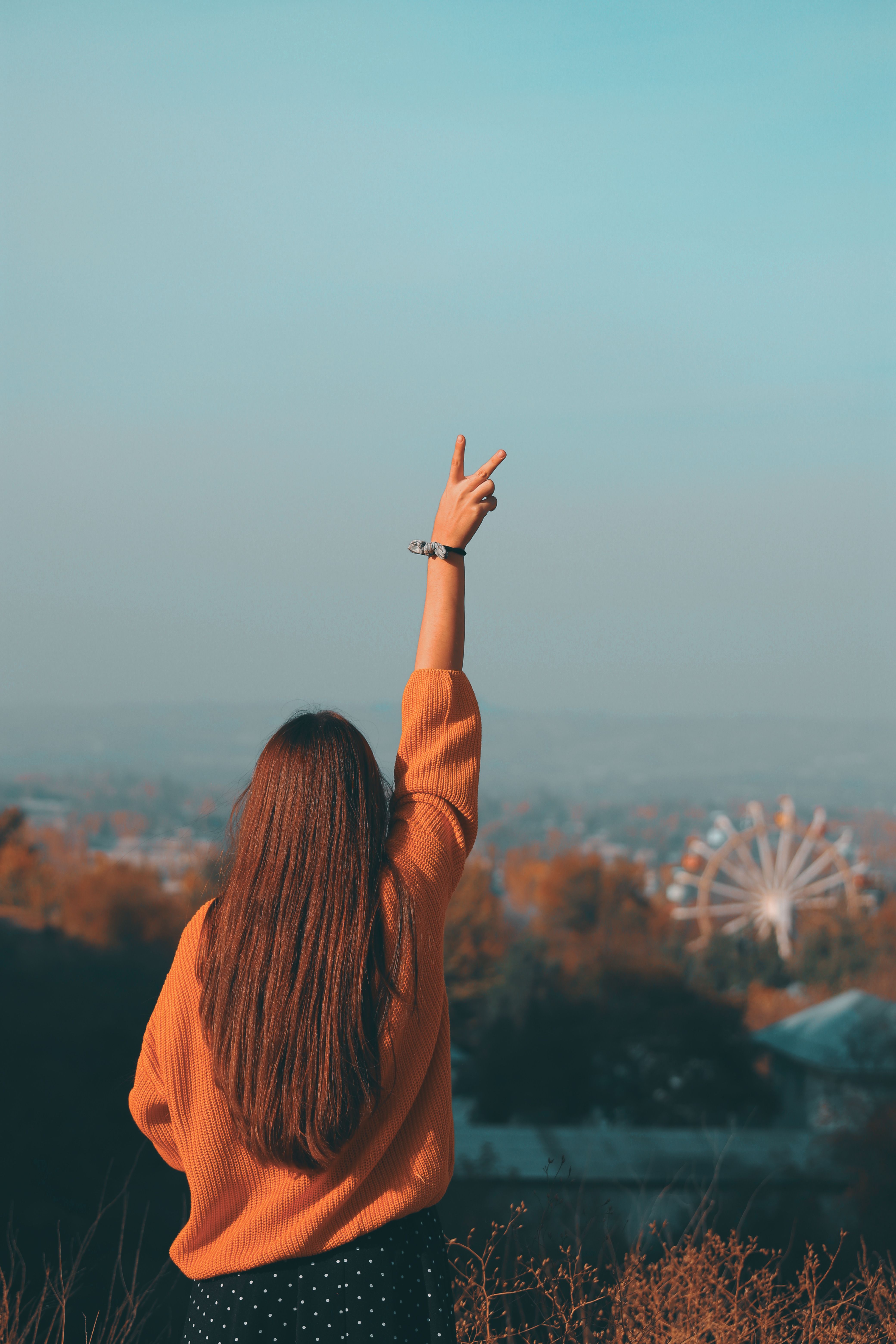 Back View of Woman Standing with Arm Raised and V Sign Gesture · Free ...