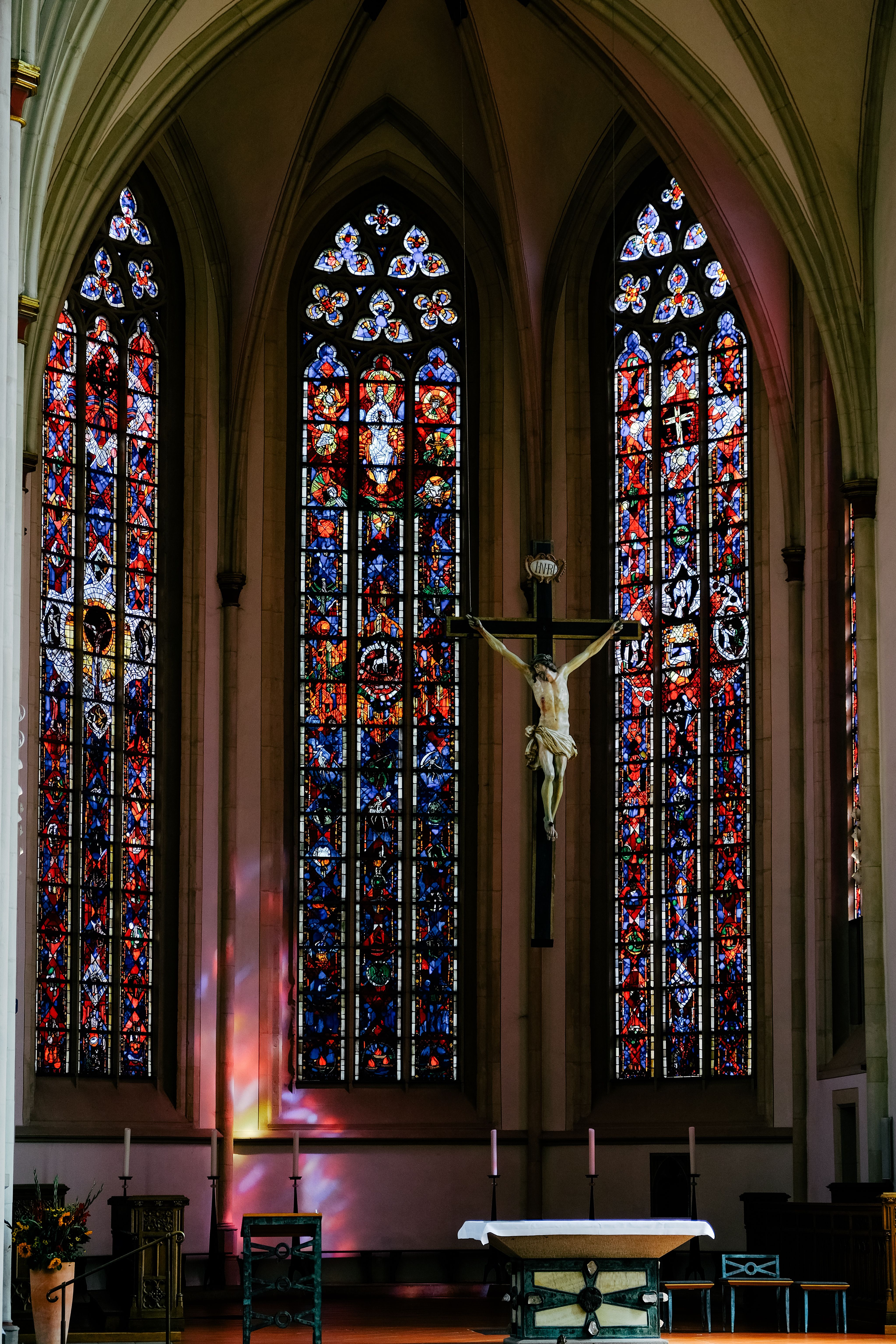 The Altar and Stained Glass Windows in a Church · Free Stock Photo