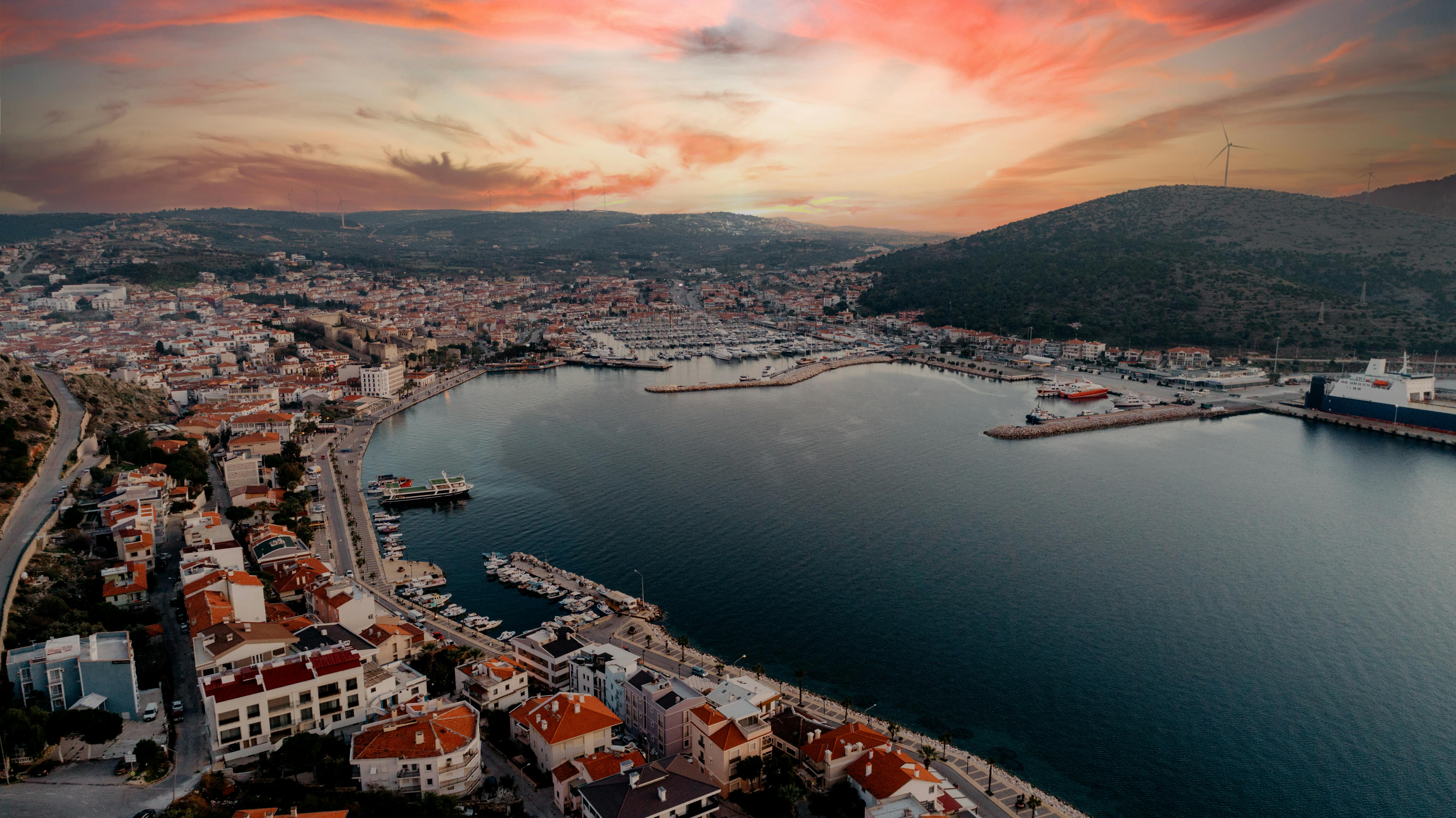 Aerial view of Izmir Cesme, the historical Cesme castle and marina, the ...