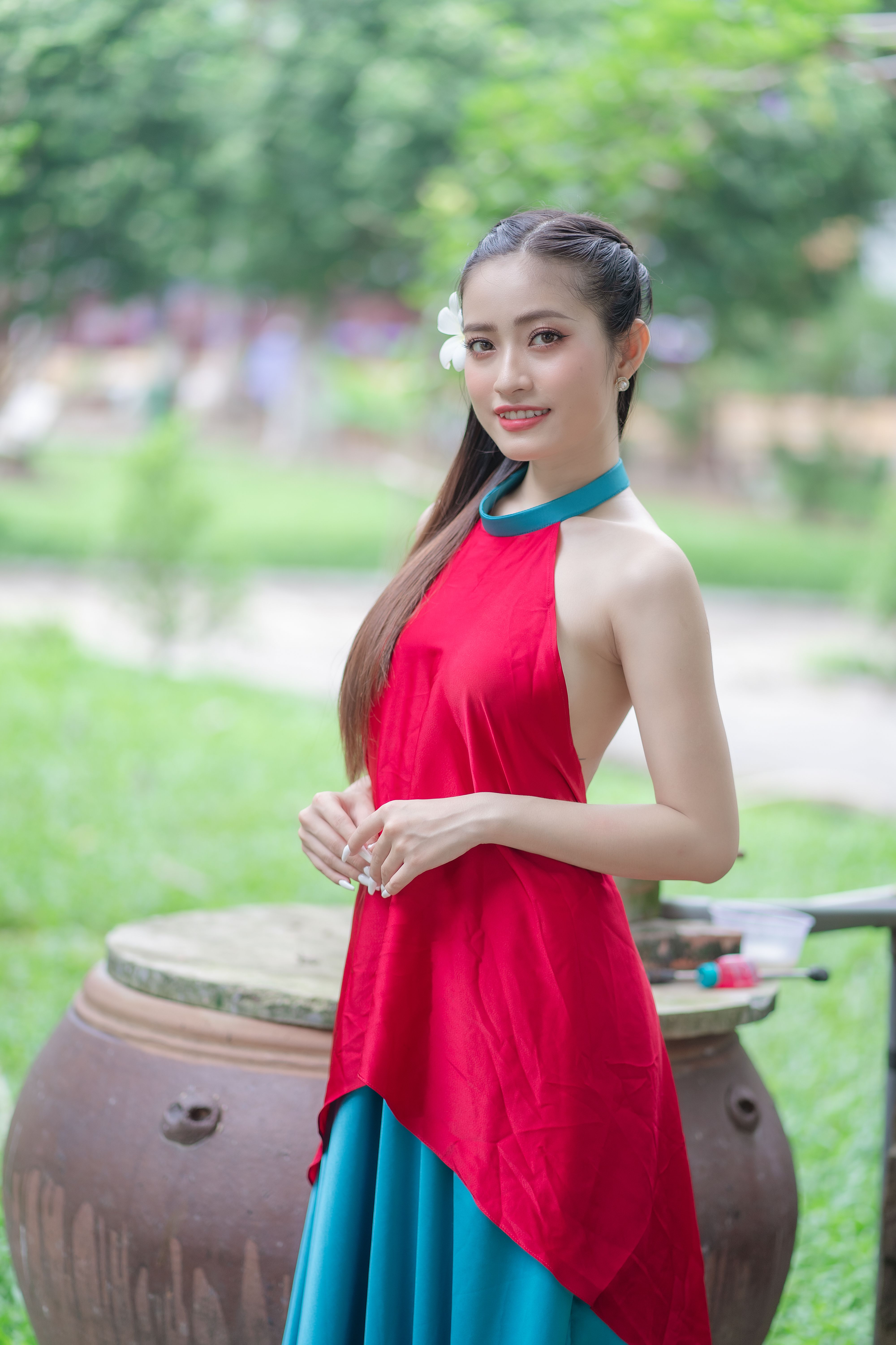 Attractive Young Model in Pretty Sleeveless Red Blue Dress · Free Stock ...