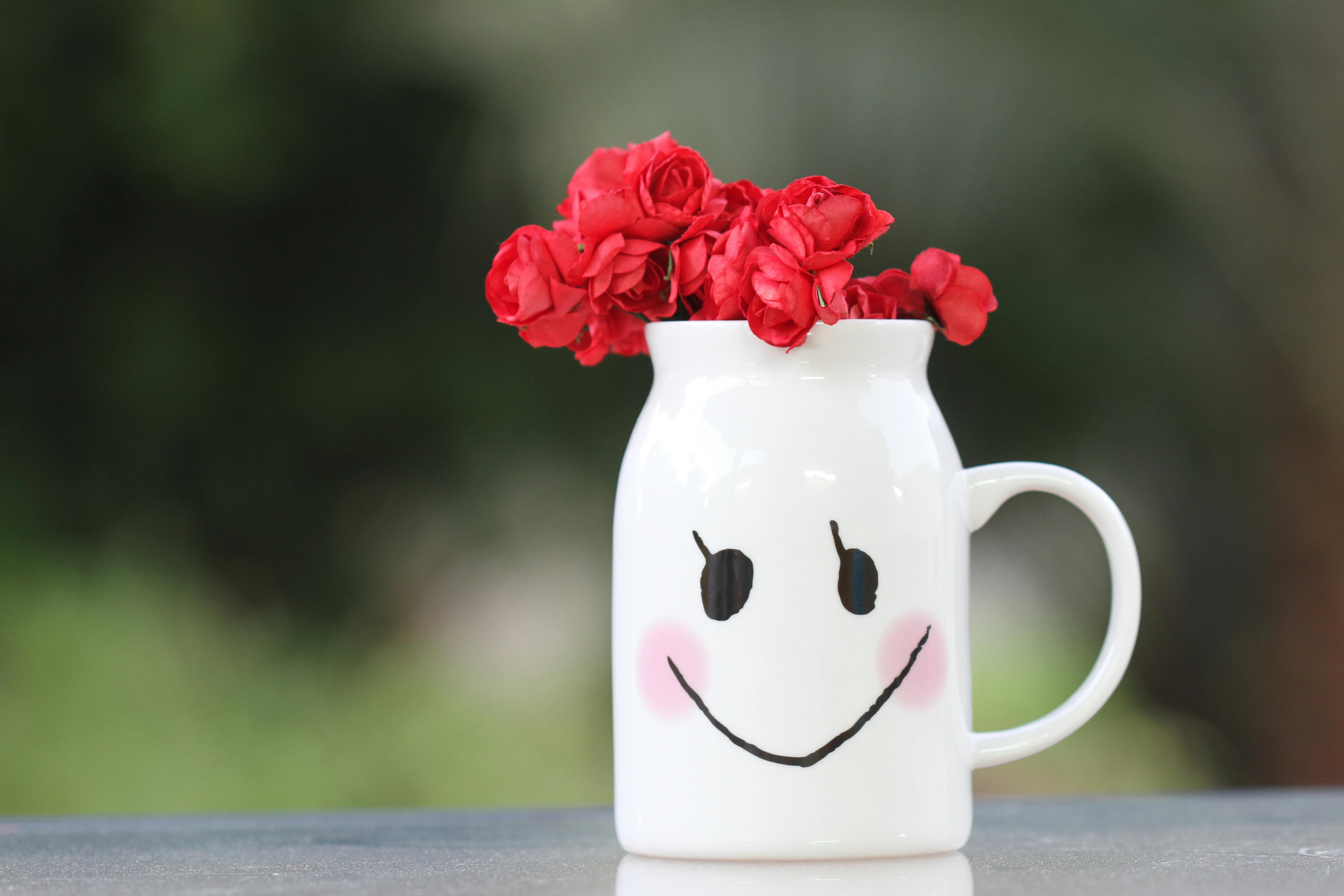 Roses in Cup with Painted Smile · Free Stock Photo