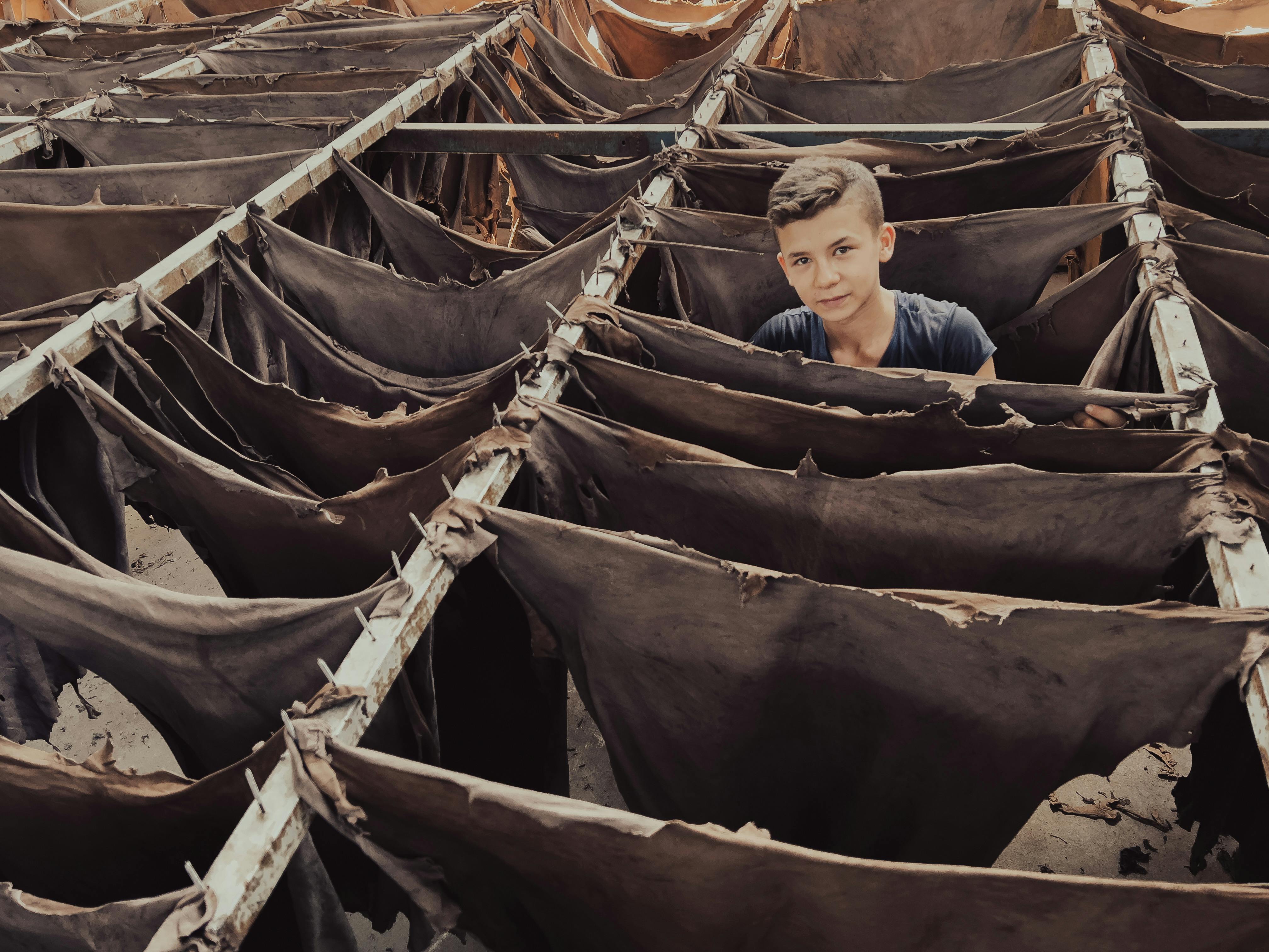 Boy Among Drying Hides in Tannery · Free Stock Photo