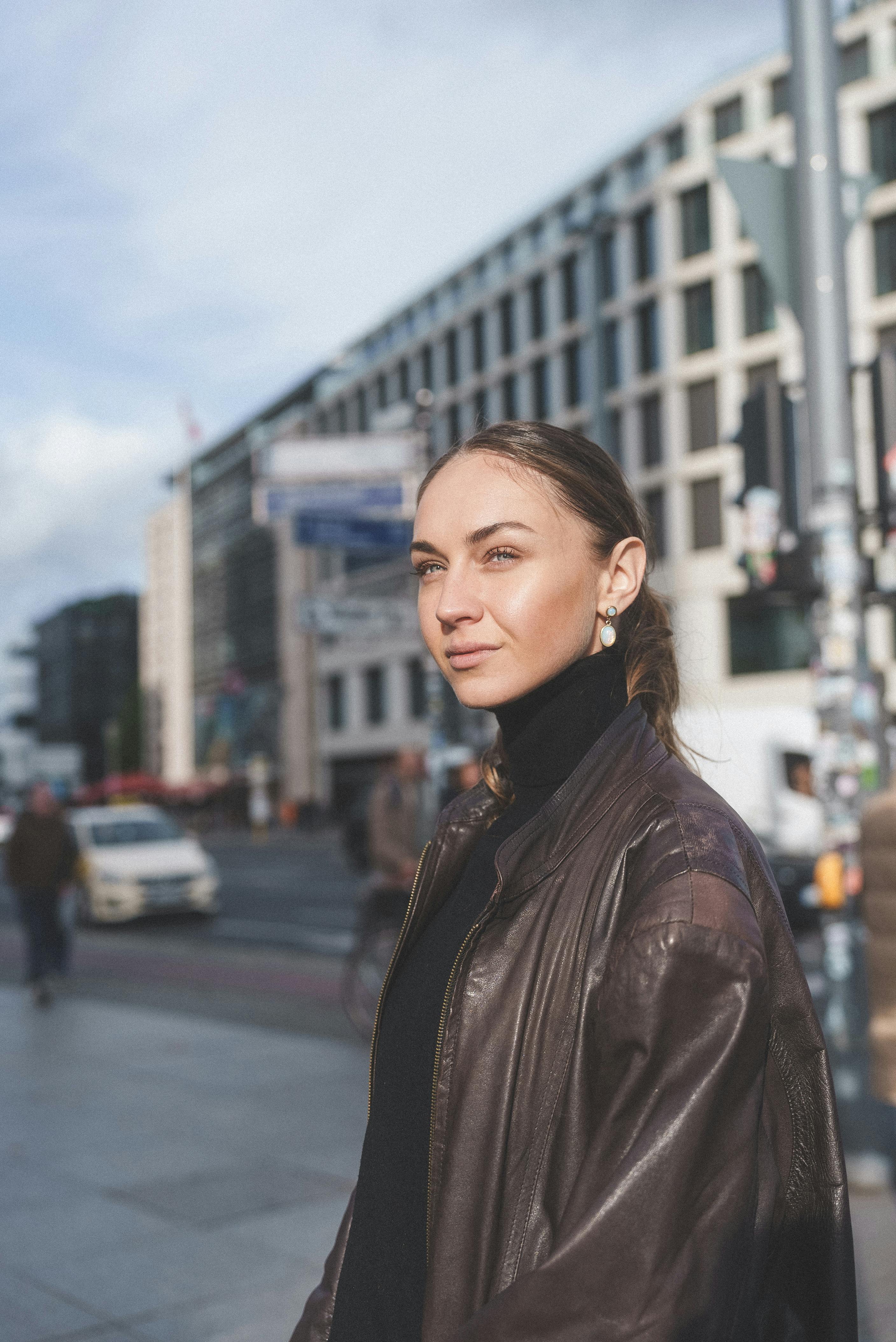 Model in a Brown Leather Jacket on a Black Turtleneck on the Sidewalk ...
