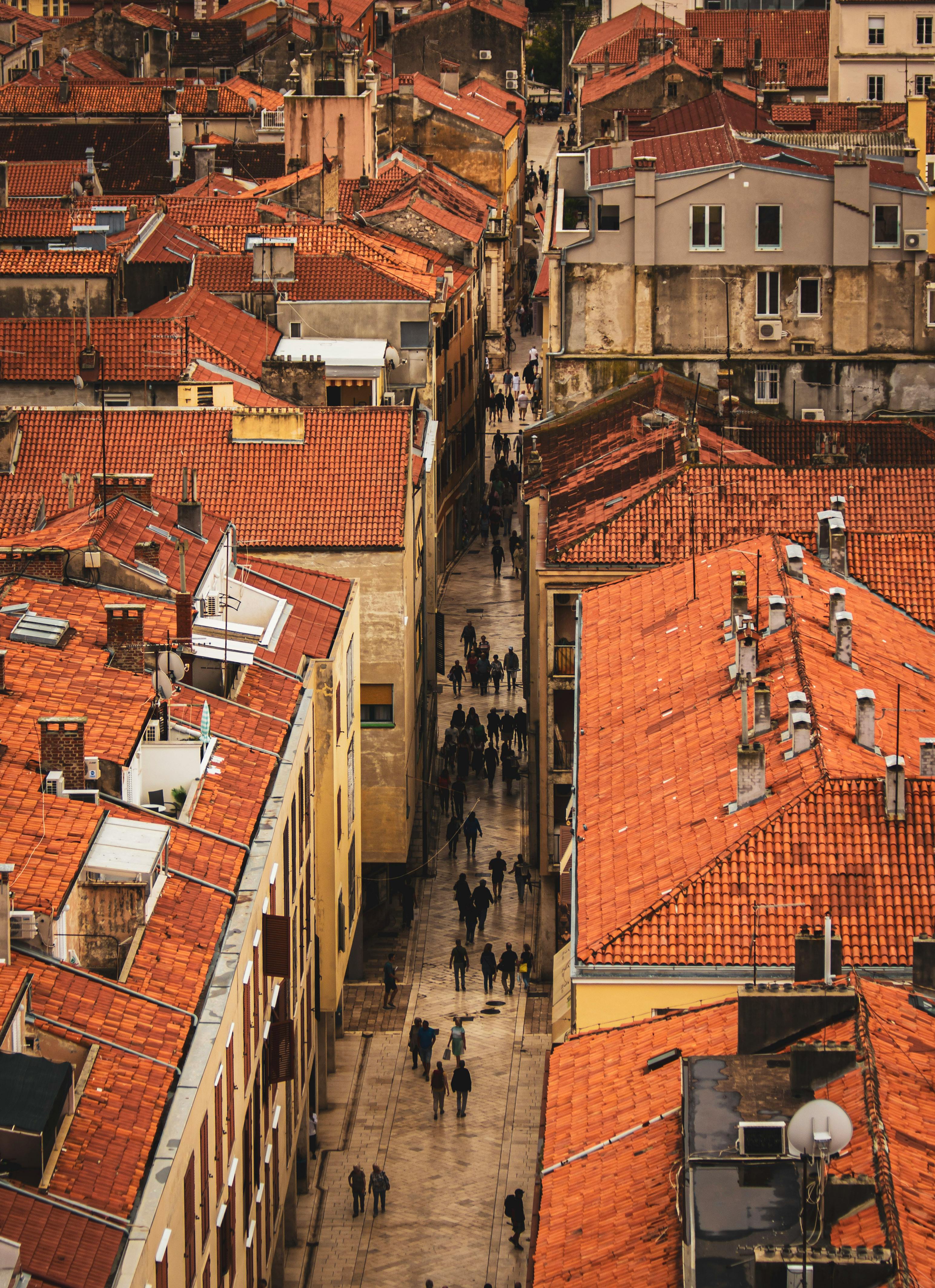 Aerial View of People Walking between Buildings in Zadar, Croatia ...