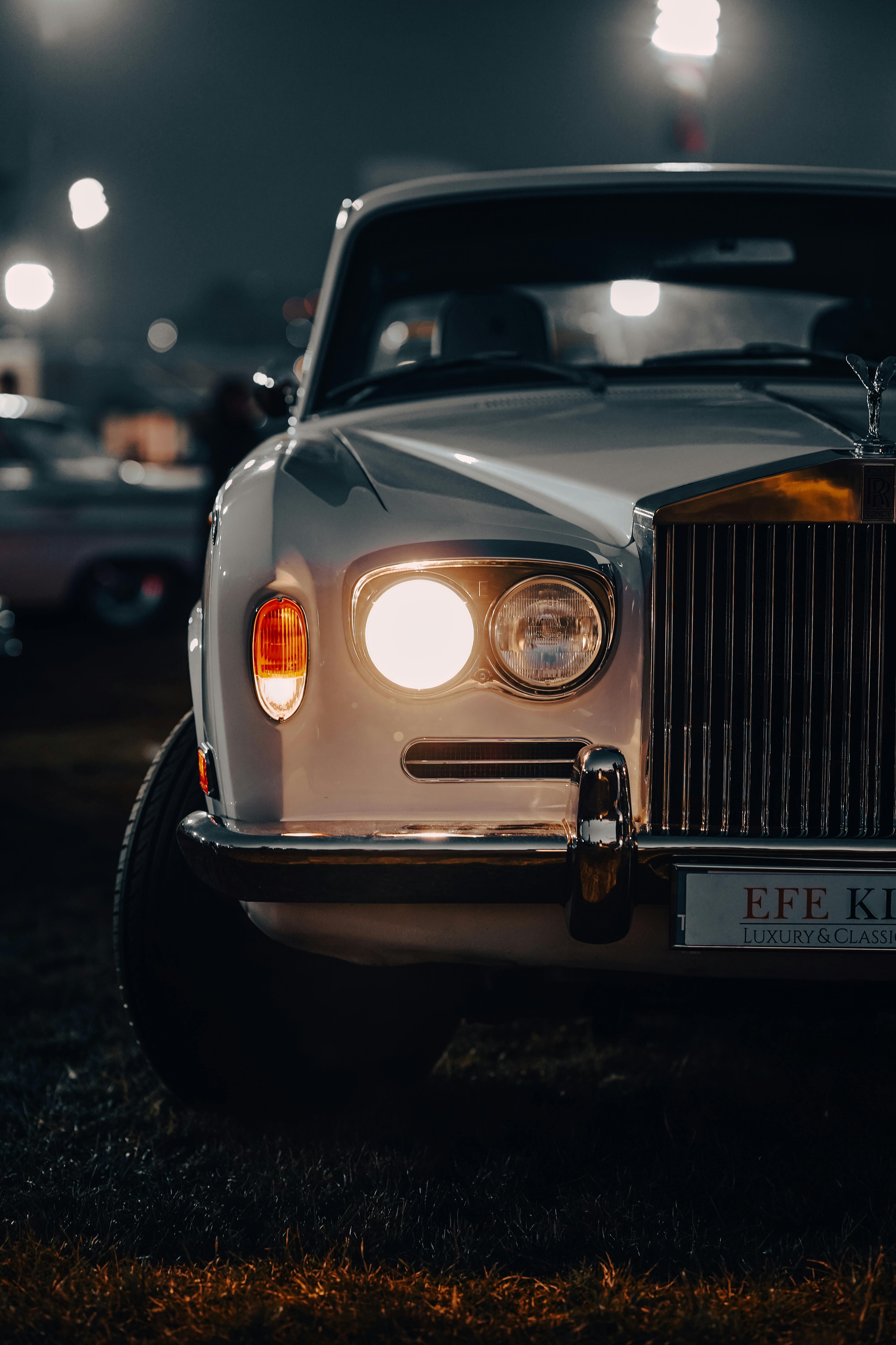 White Rolls-Royce Silver Shadow Car at Night with Headlights On · Free ...
