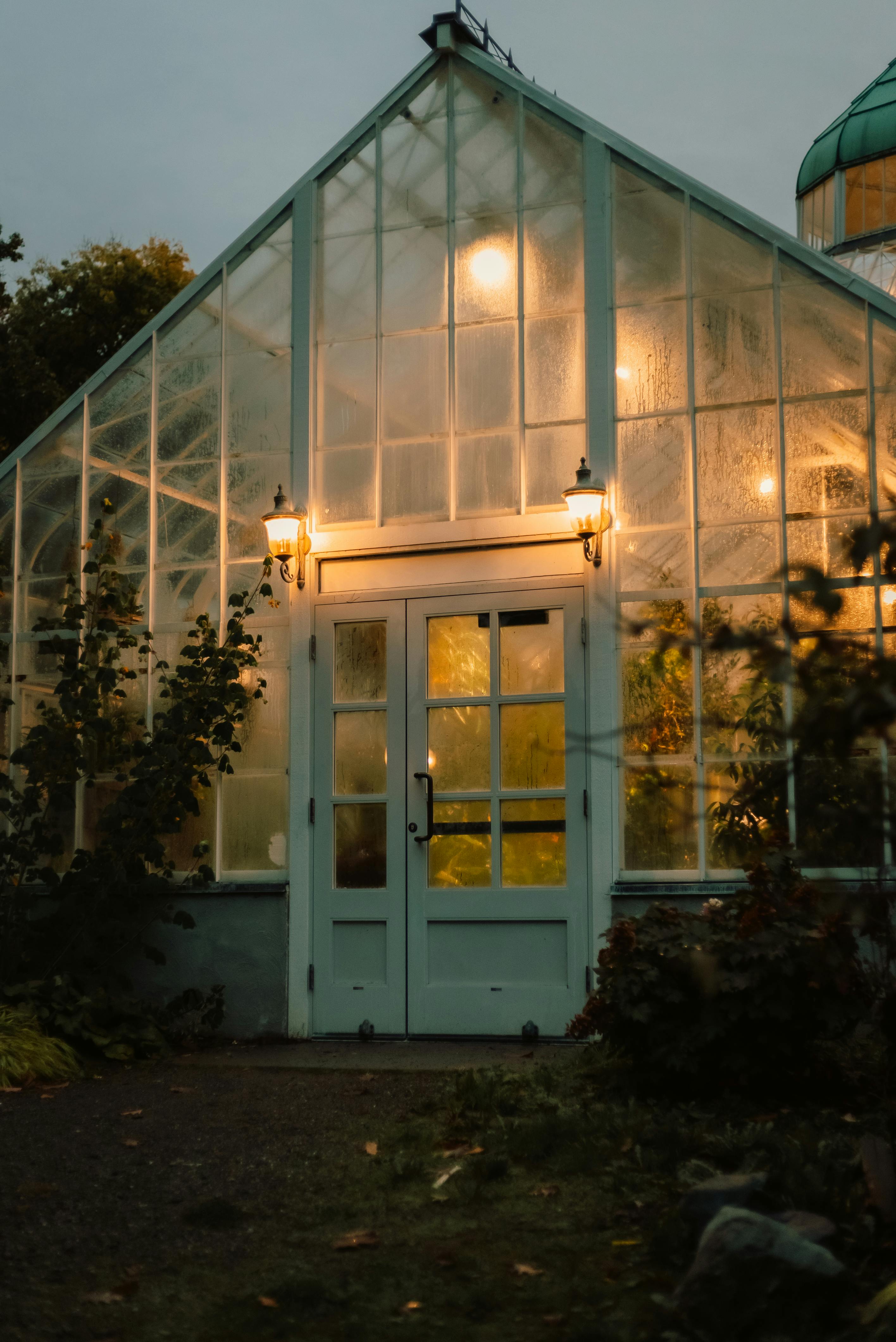 Entrance of an Illuminated Greenhouse at Dusk · Free Stock Photo