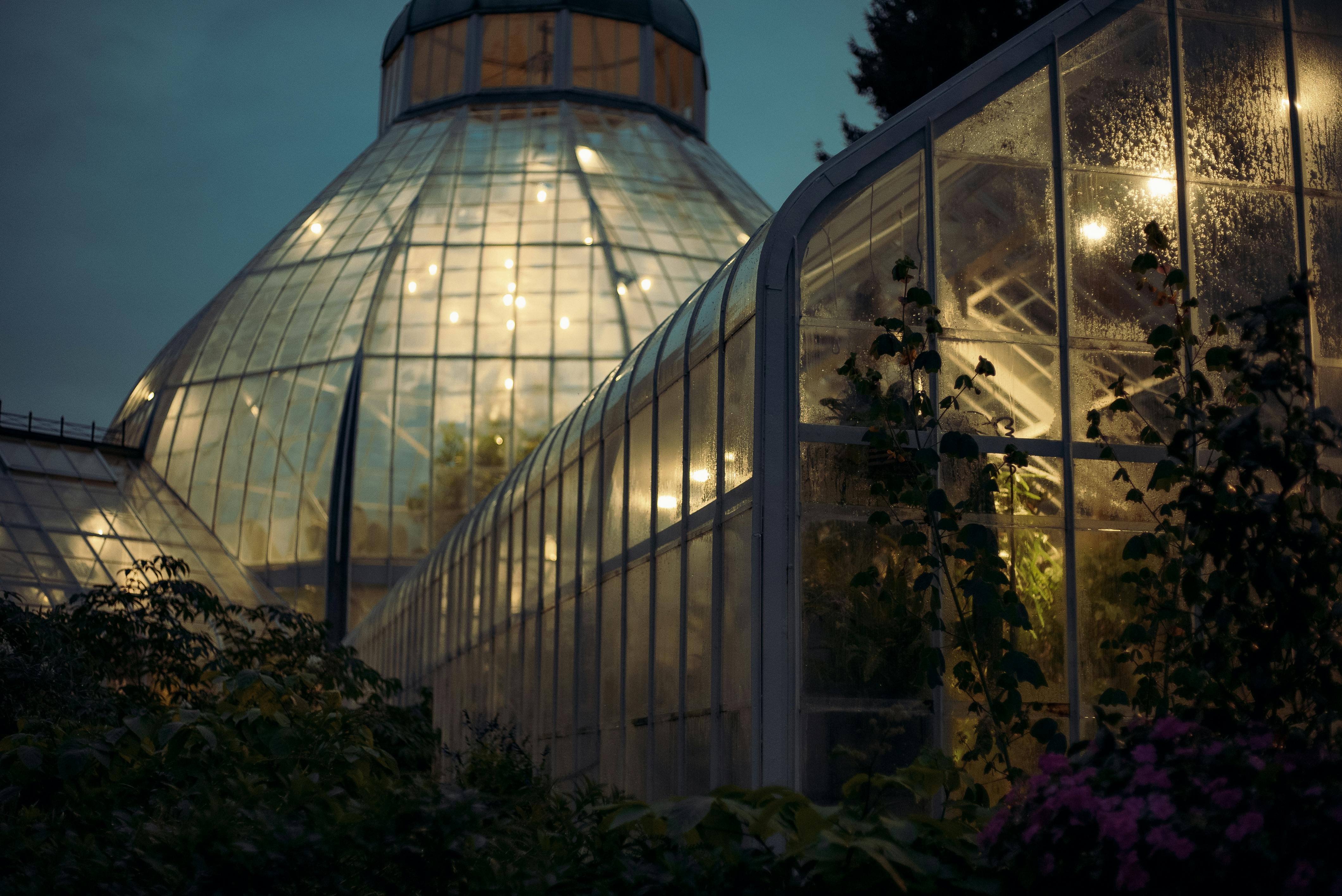 Illuminated Greenhouse at Dusk · Free Stock Photo