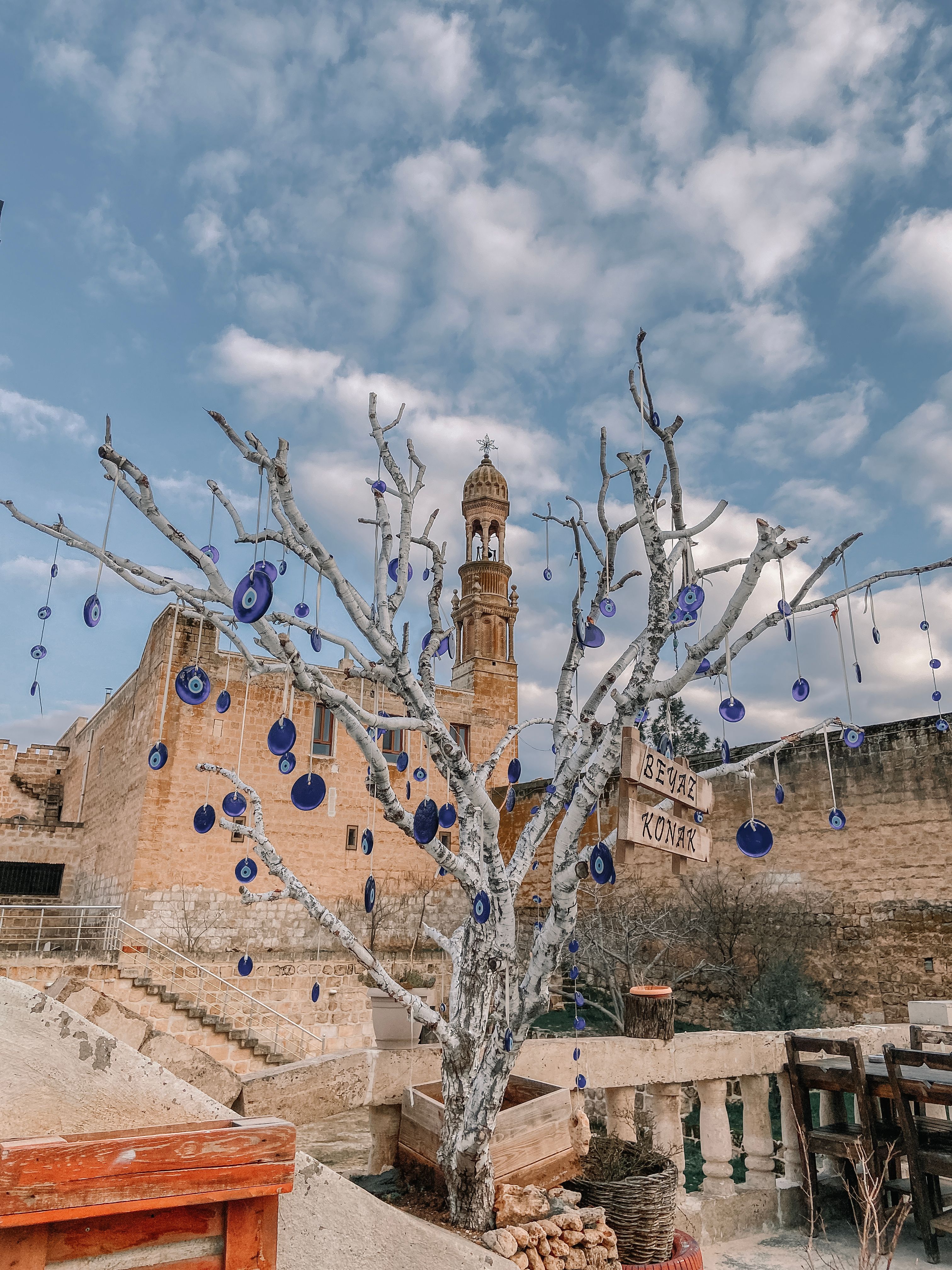 Nazar Amulets on Bare Tree in Town · Free Stock Photo