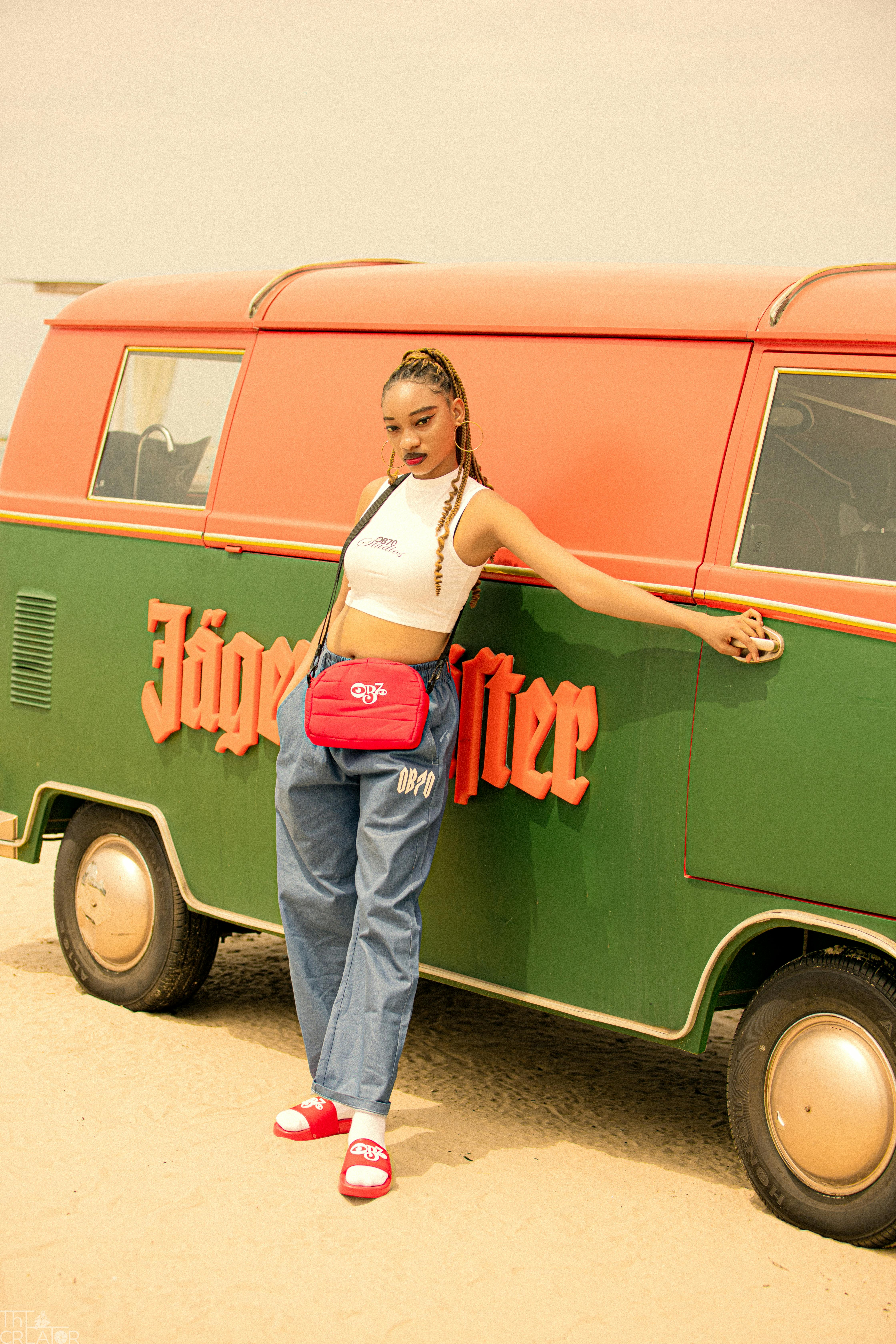 Model in White Top and Wide Pants against Vintage Microbus · Free Stock ...
