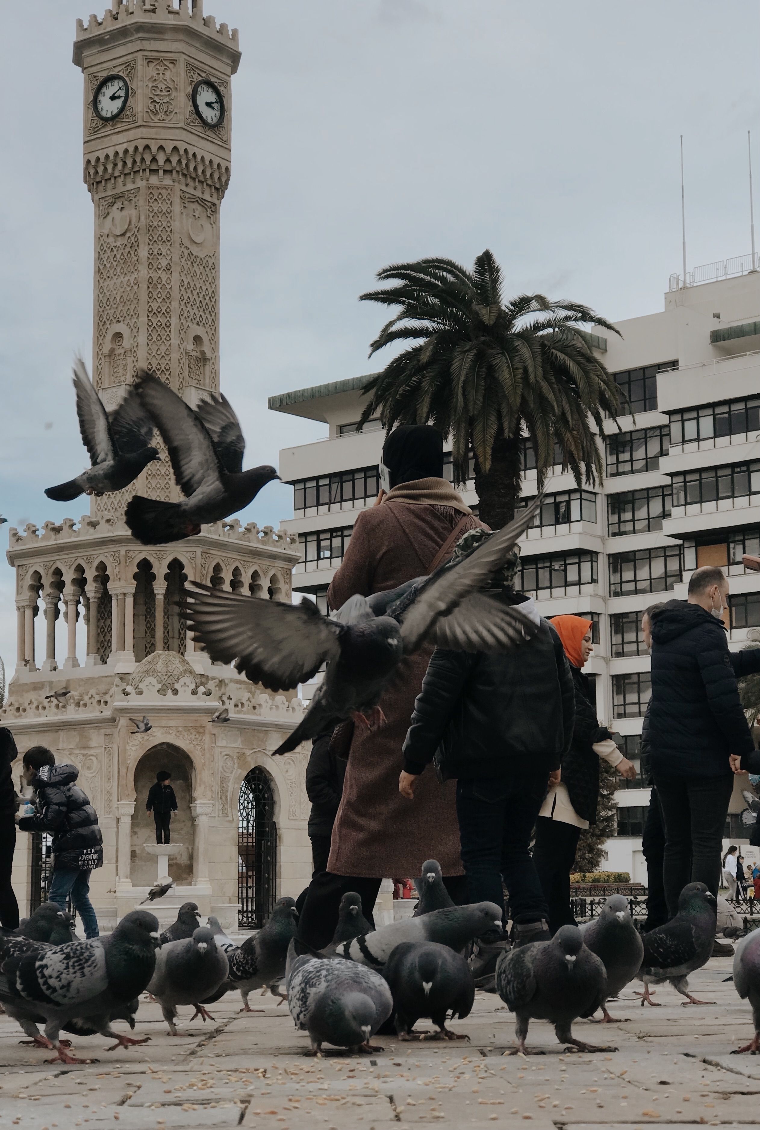 Bandada De Palomas En La Plaza Con La Torre Del Reloj De Esmirna · Foto ...