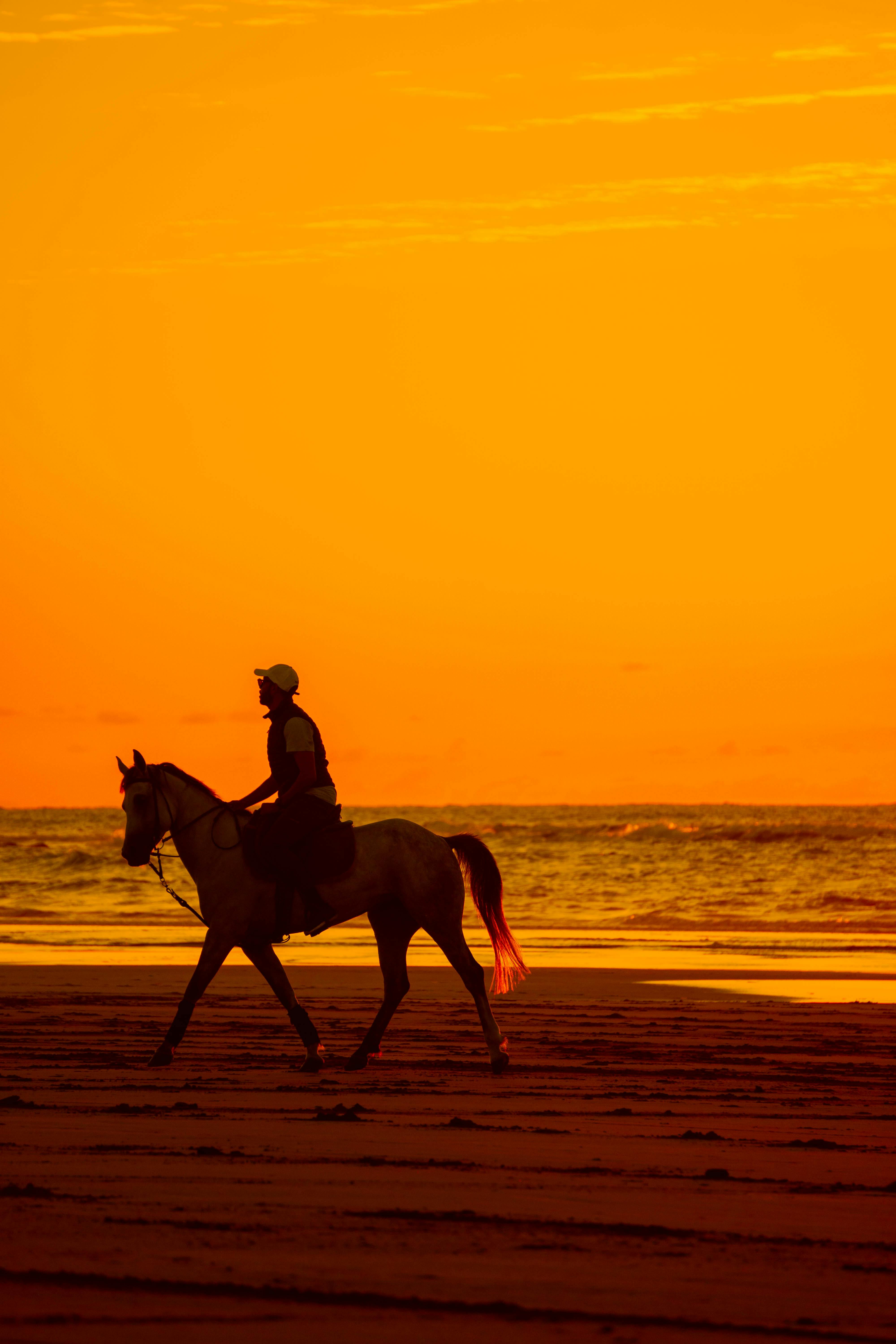 Silhouette of Person Riding Horse on Body of Water Under Yellow Sunset ...