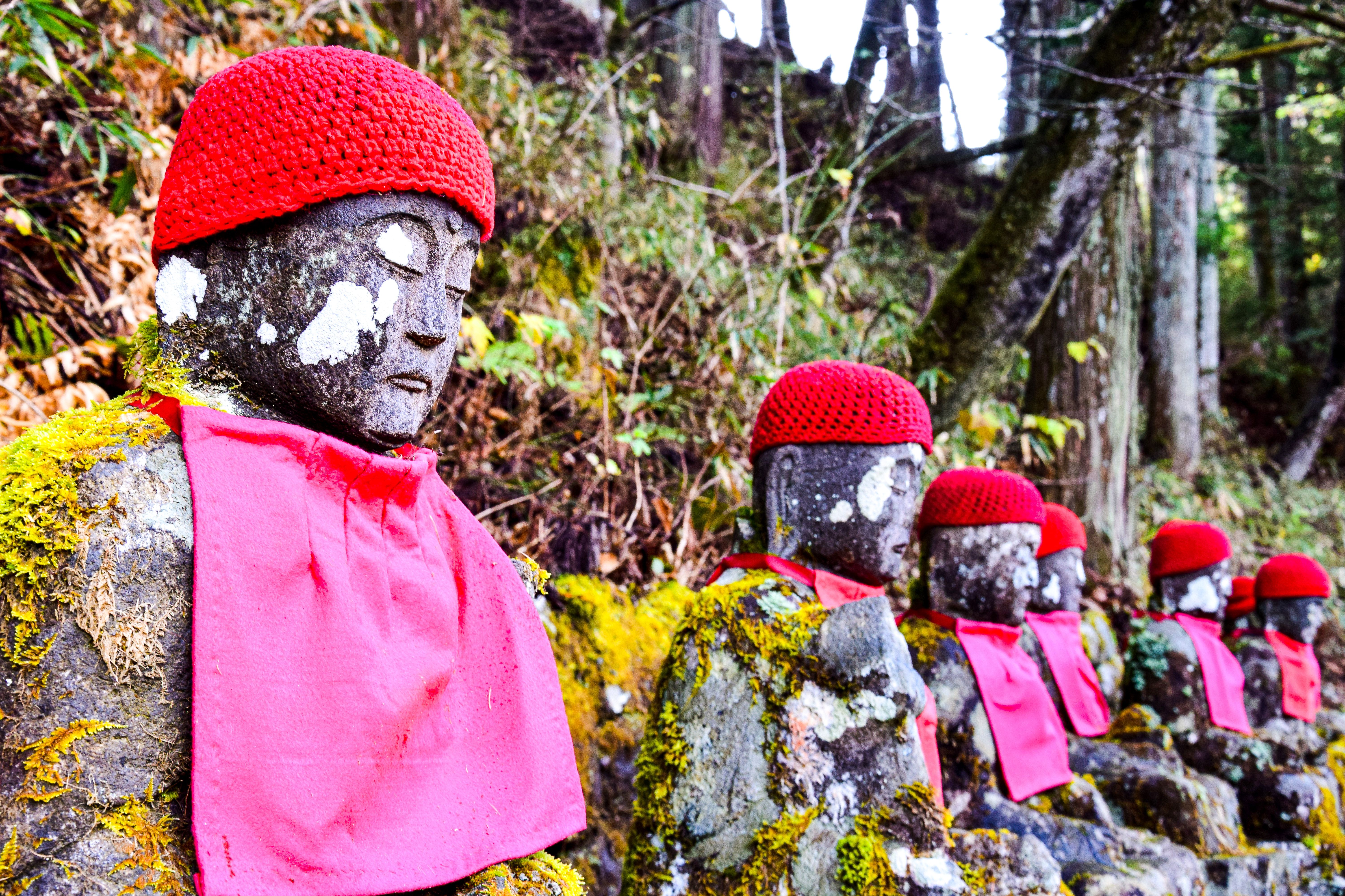 Row of Stone Buddha Statues Decorated with Red Caps and Bibs, Nikko ...