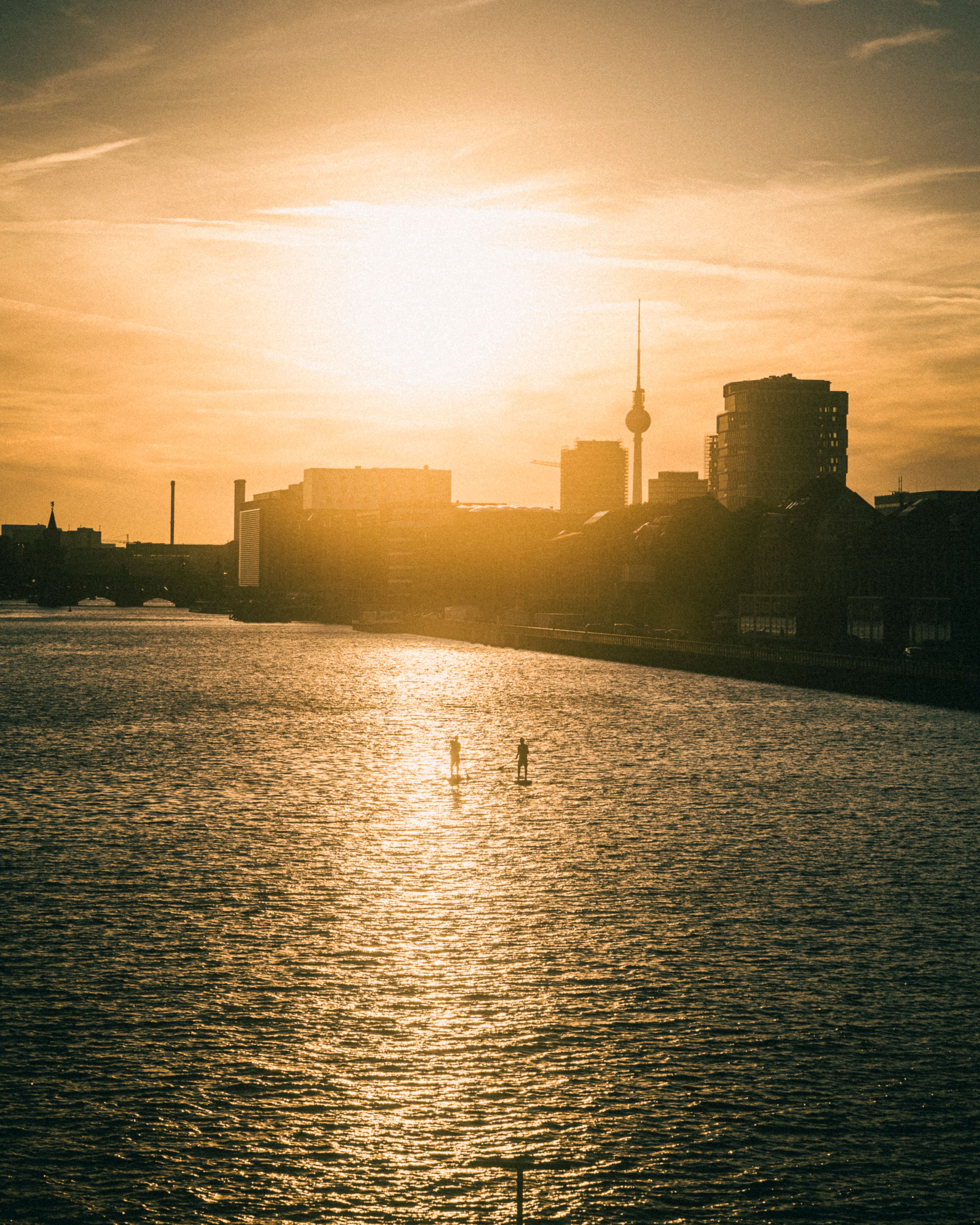 Skyline of Berlin seen from across the Spree River at Sunrise, Berlin ...