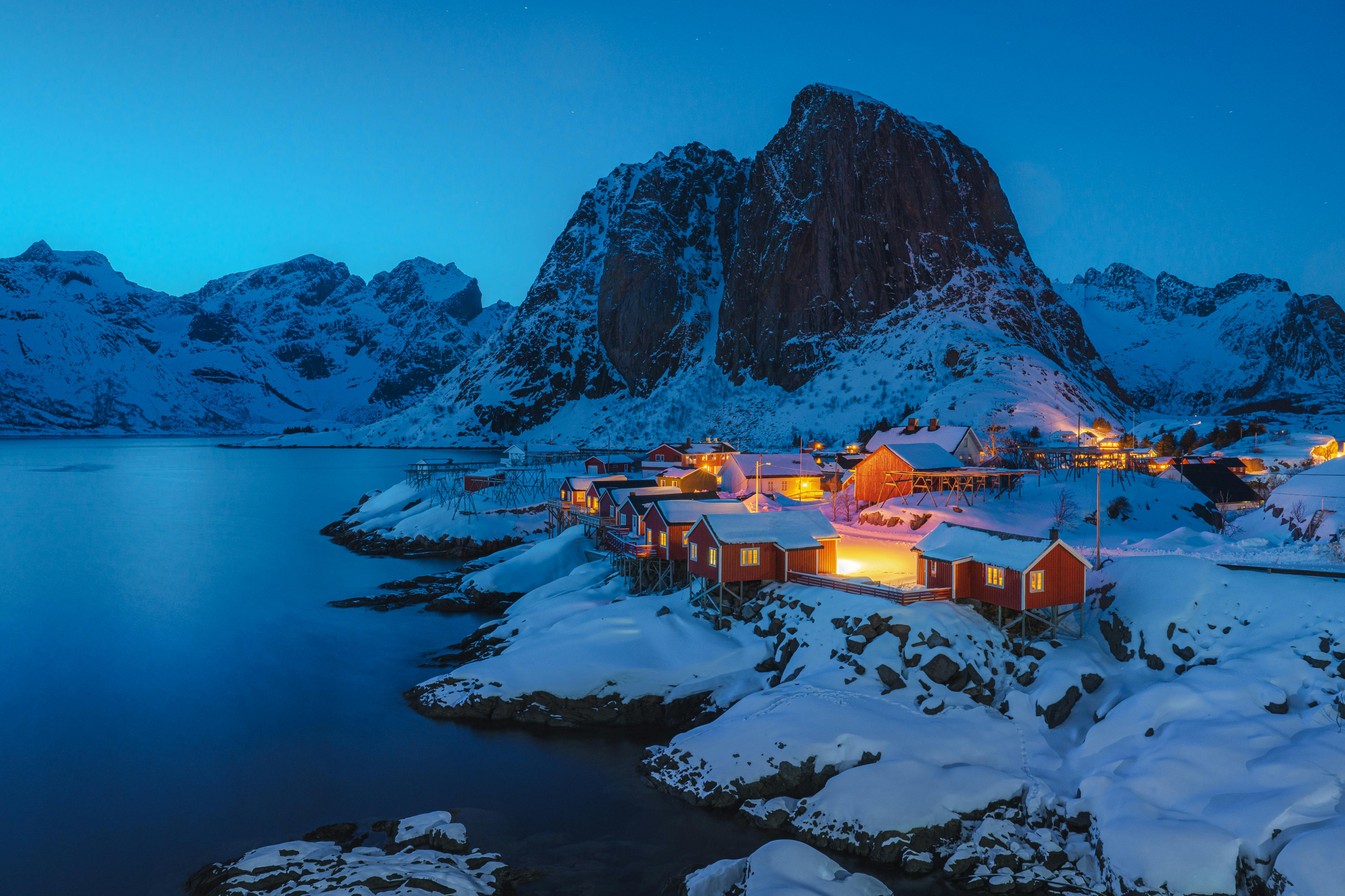Village on Sea Shore in Norway in Winter at Night · Free Stock Photo