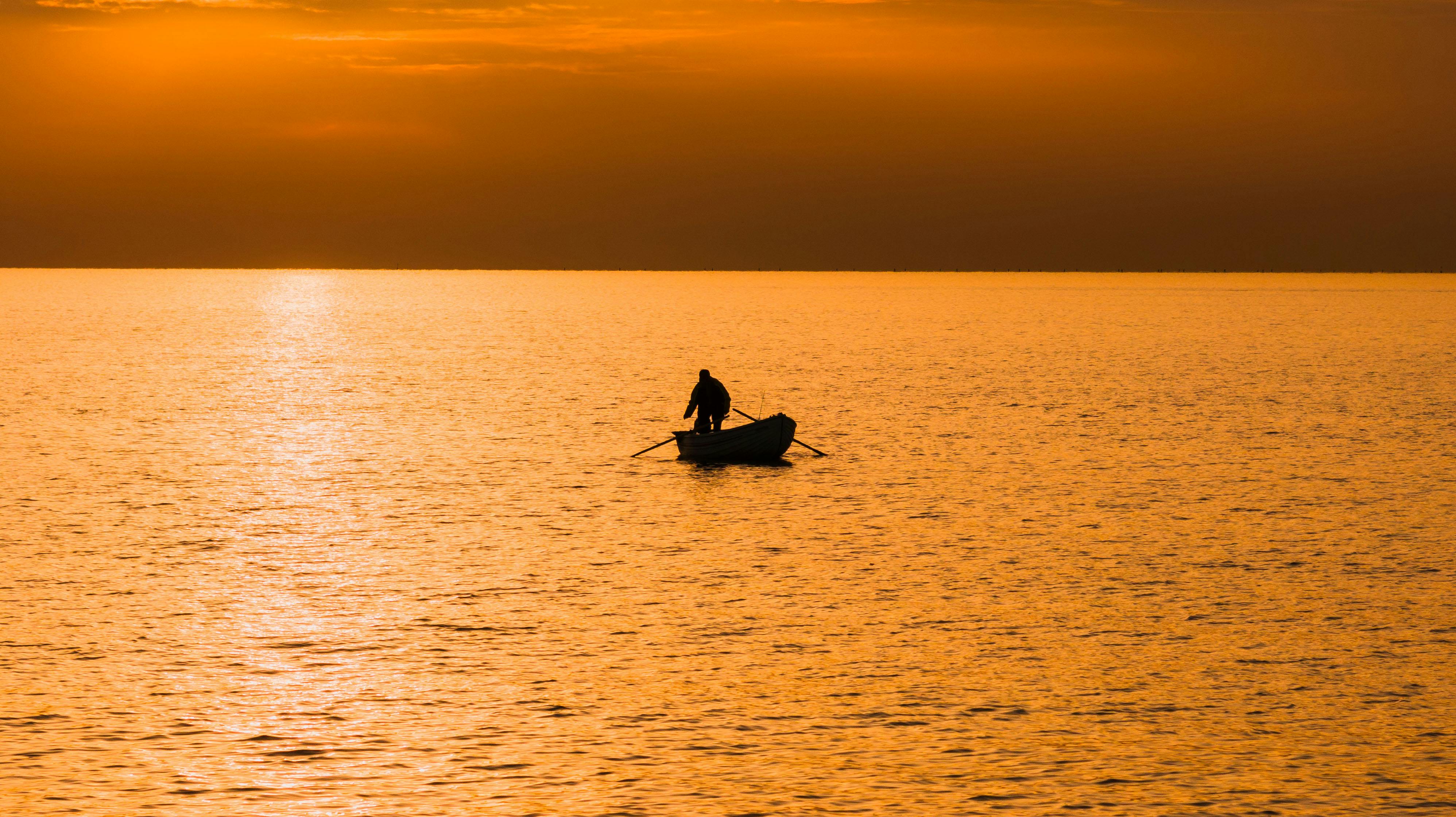 Man in Rowboat at Golden Hour · Free Stock Photo