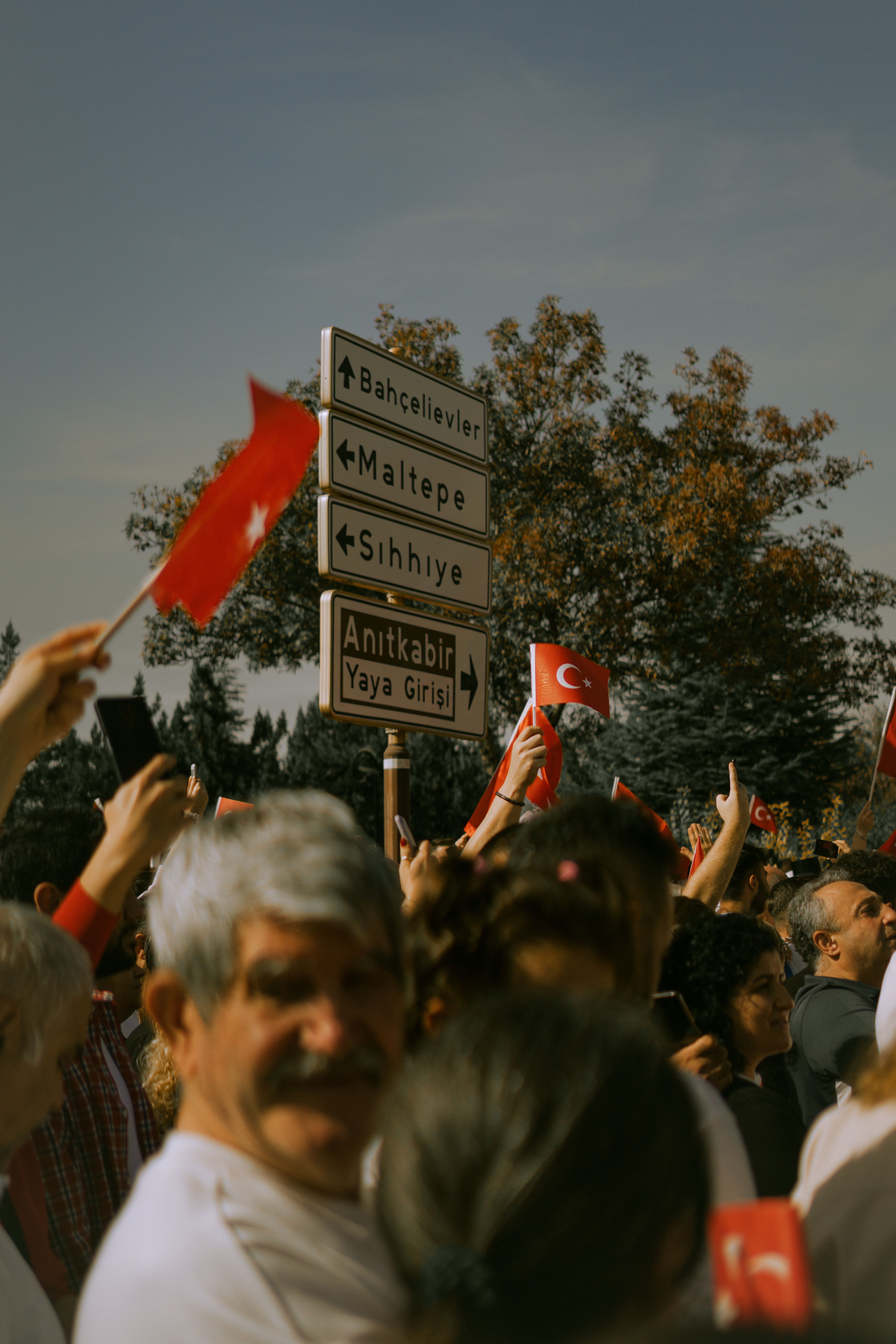 Parade with Turkish Flags Stand around Road Sign · Free Stock Photo