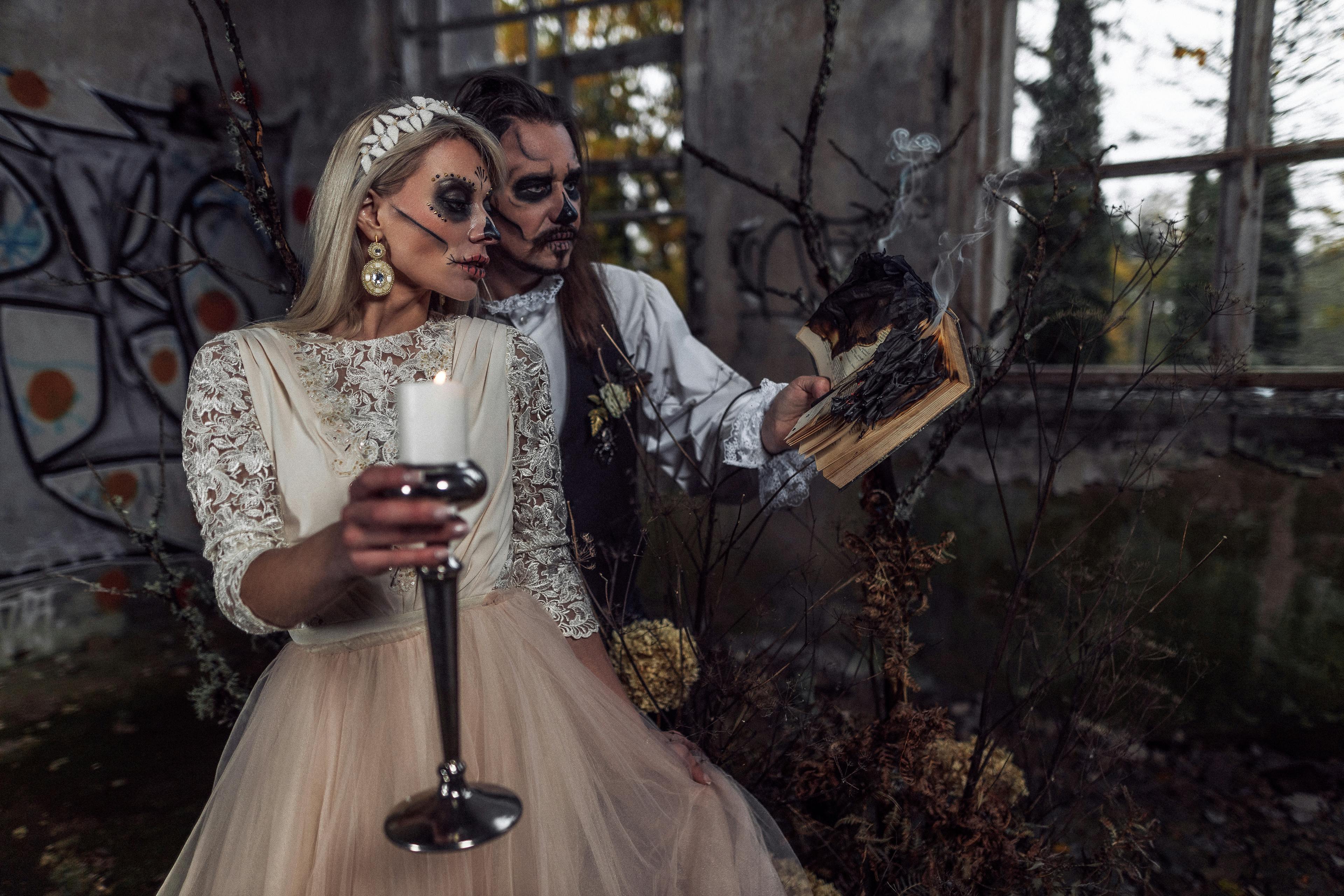 Man and Woman in Bride and Groom Halloween Costumes · Free Stock Photo